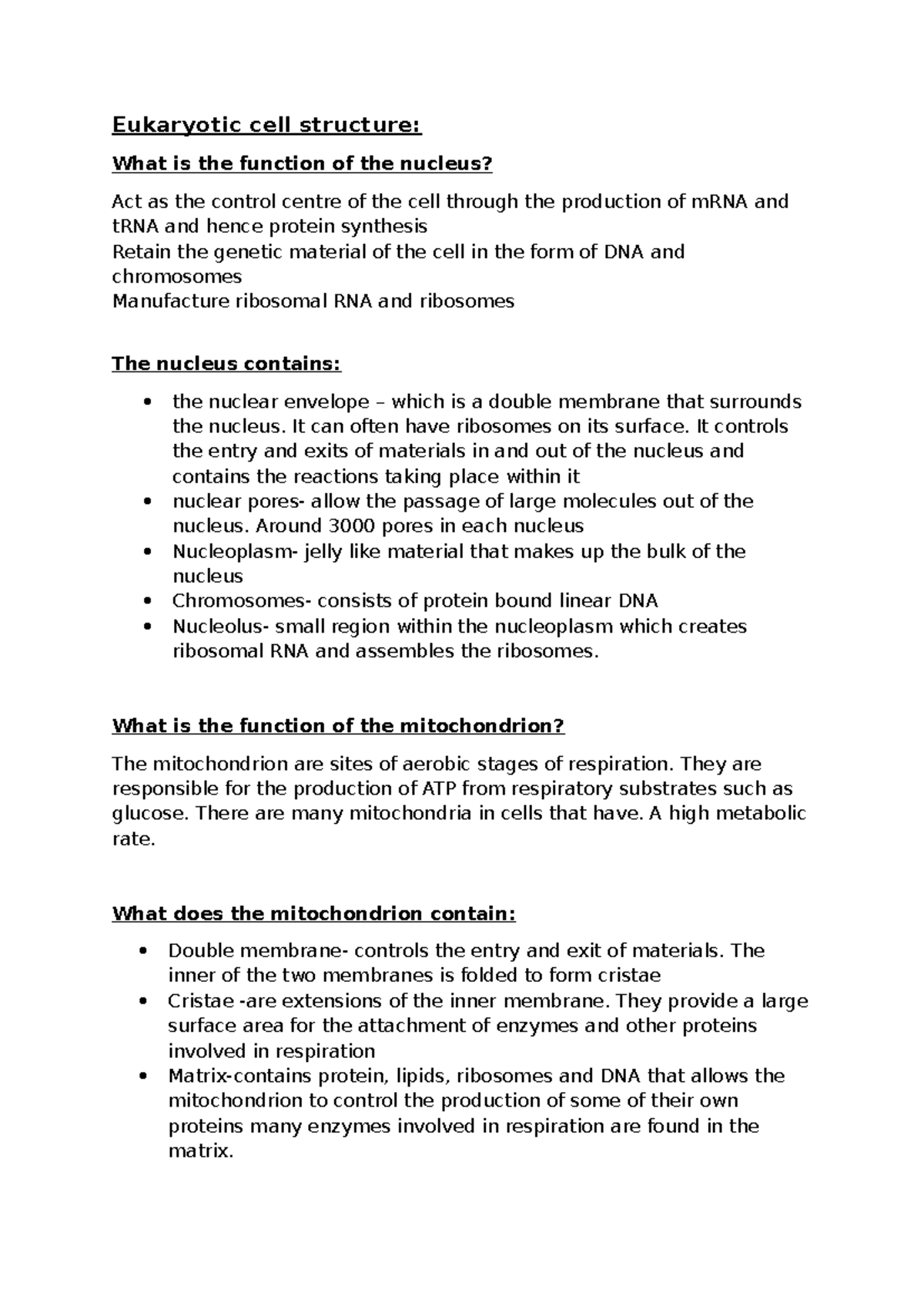 Eukaryotic Cell Structure: Functions of Nucleus, Mitochondria ...