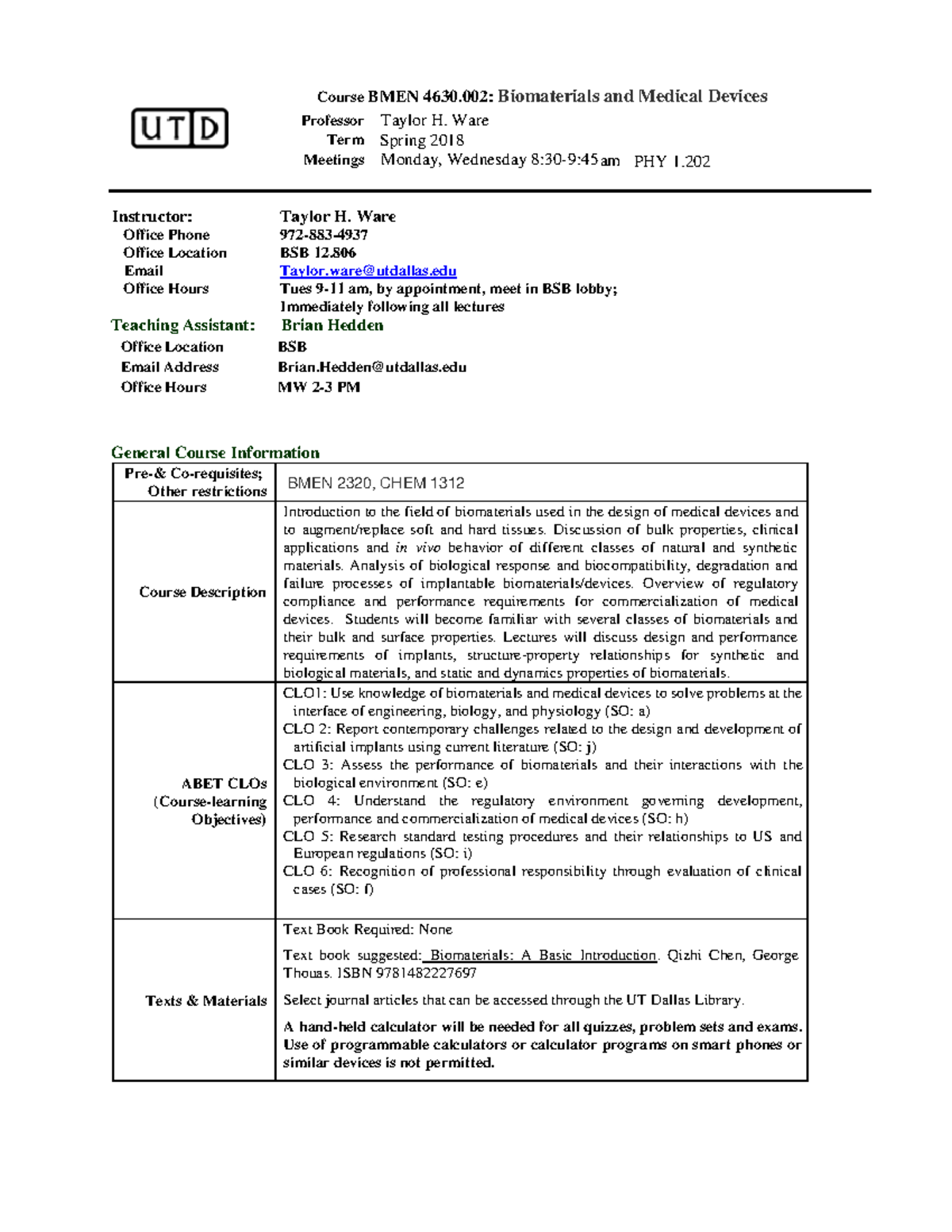 Course Syllabus for BMEN 4630.002: Biomaterials & Medical Devices - S18 ...