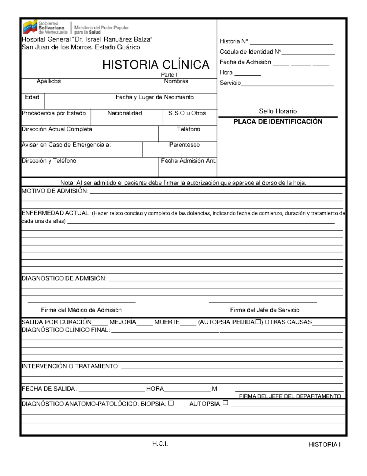 Modelo de Historia Clínica HIRB - San Juan de los Morros. Estado Guárico HISTORIA CLÍNICA ...