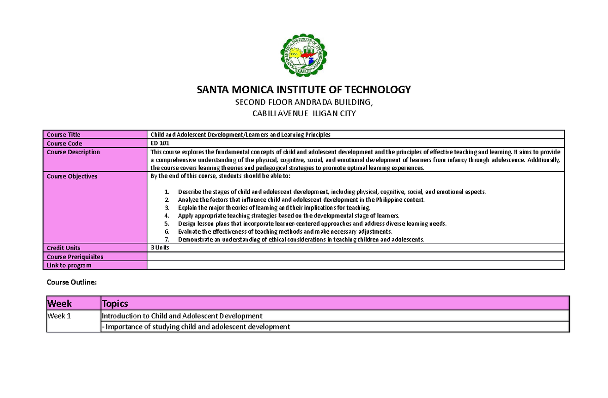 Proposed Syllabus for ED 101: Child and Adolescent Development - Studocu