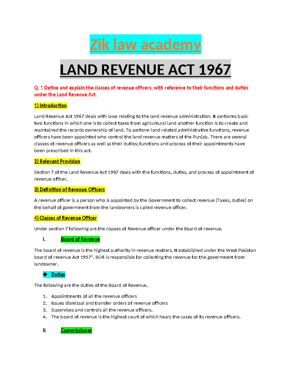 Land Revenue Act 1967: Comprehensive Study Notes and Classifications ...