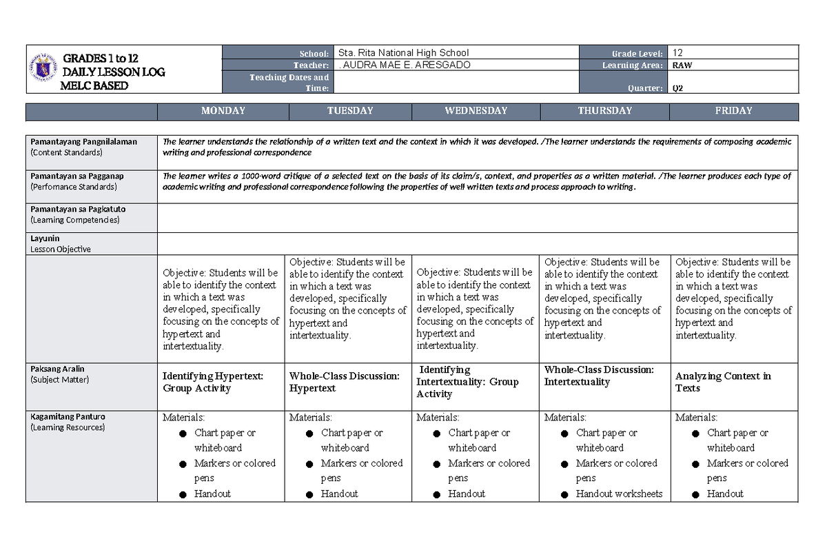 WEEK 2 Daily Lesson Log for Grades 1-12: MELC-Based Activities - Studocu