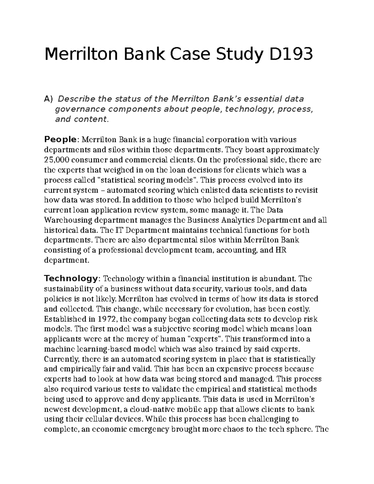 Merrilton Bank Case Study D193: Data Governance Analysis and ...