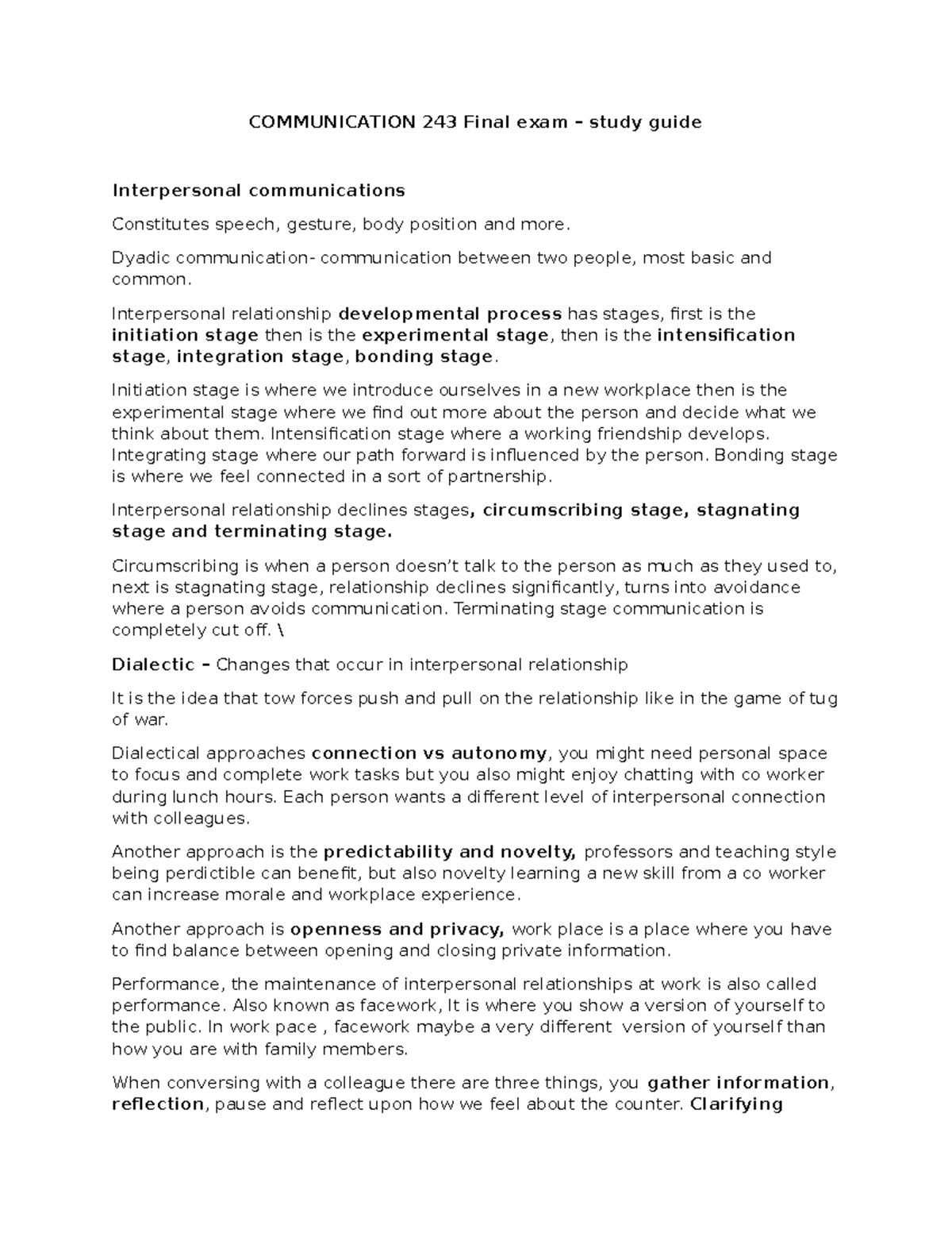 COMM 243 - Comprehensive Study Guide for Final Exam on Interpersonal ...