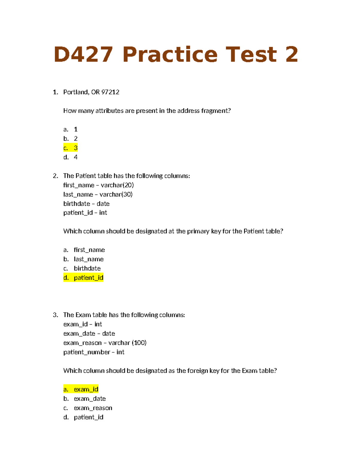 D427 Practice Test 2: Key Concepts and SQL Queries Review - Studocu