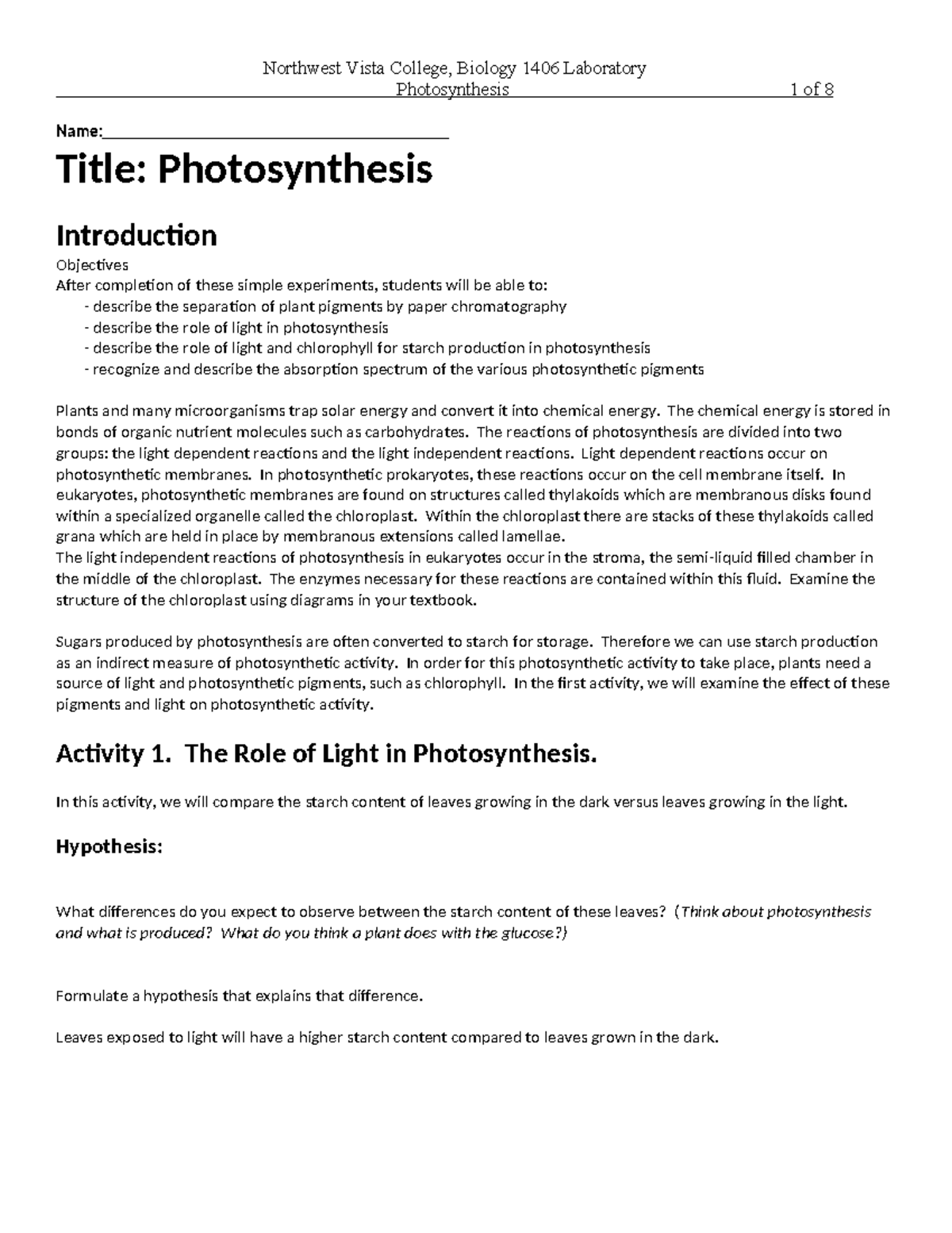 Lab+8+Photosynthesis copy - Photosynthesis 1 of 8 Name: Title ...