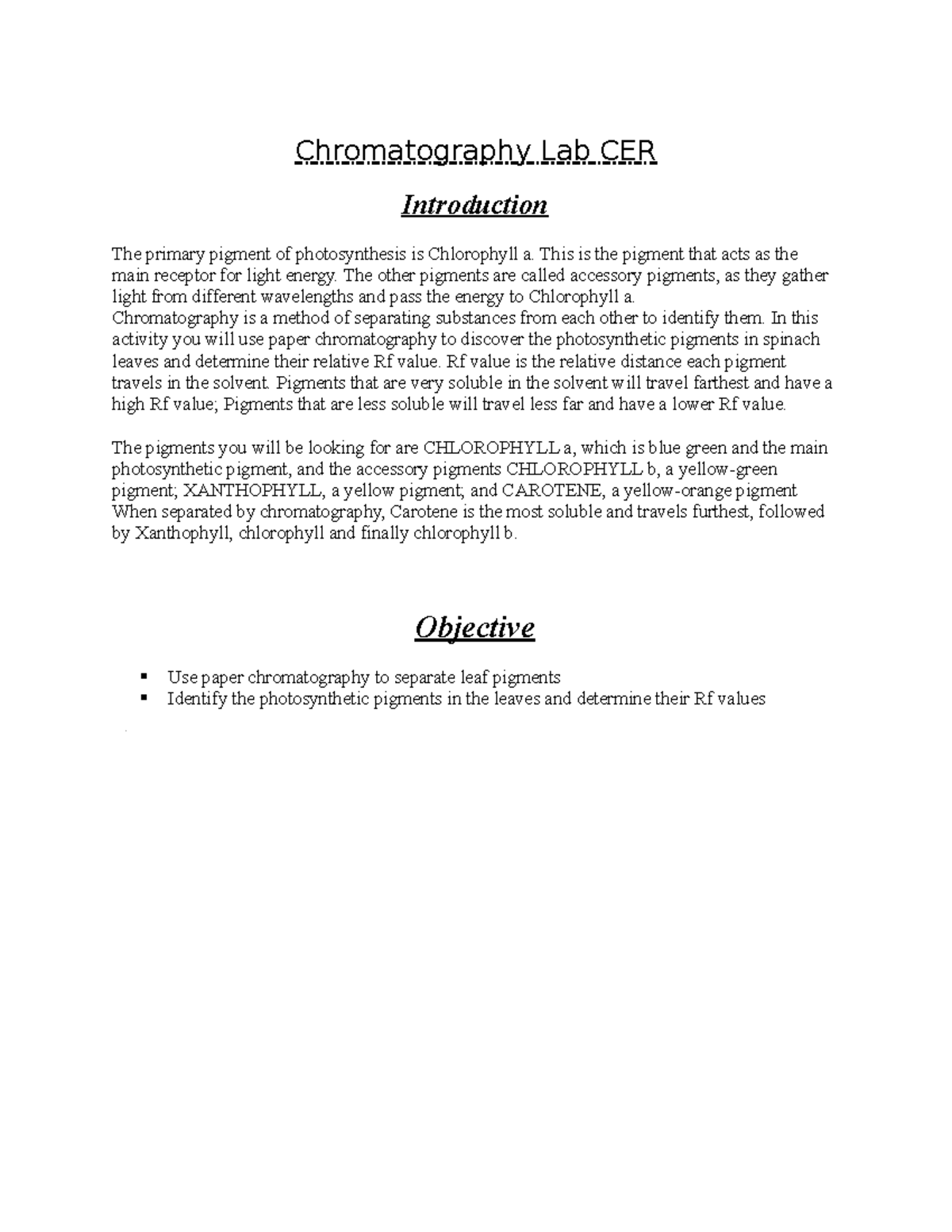 Photosynthesis Pigments: Chromatography Lab CER - Mod. 3 - Studocu