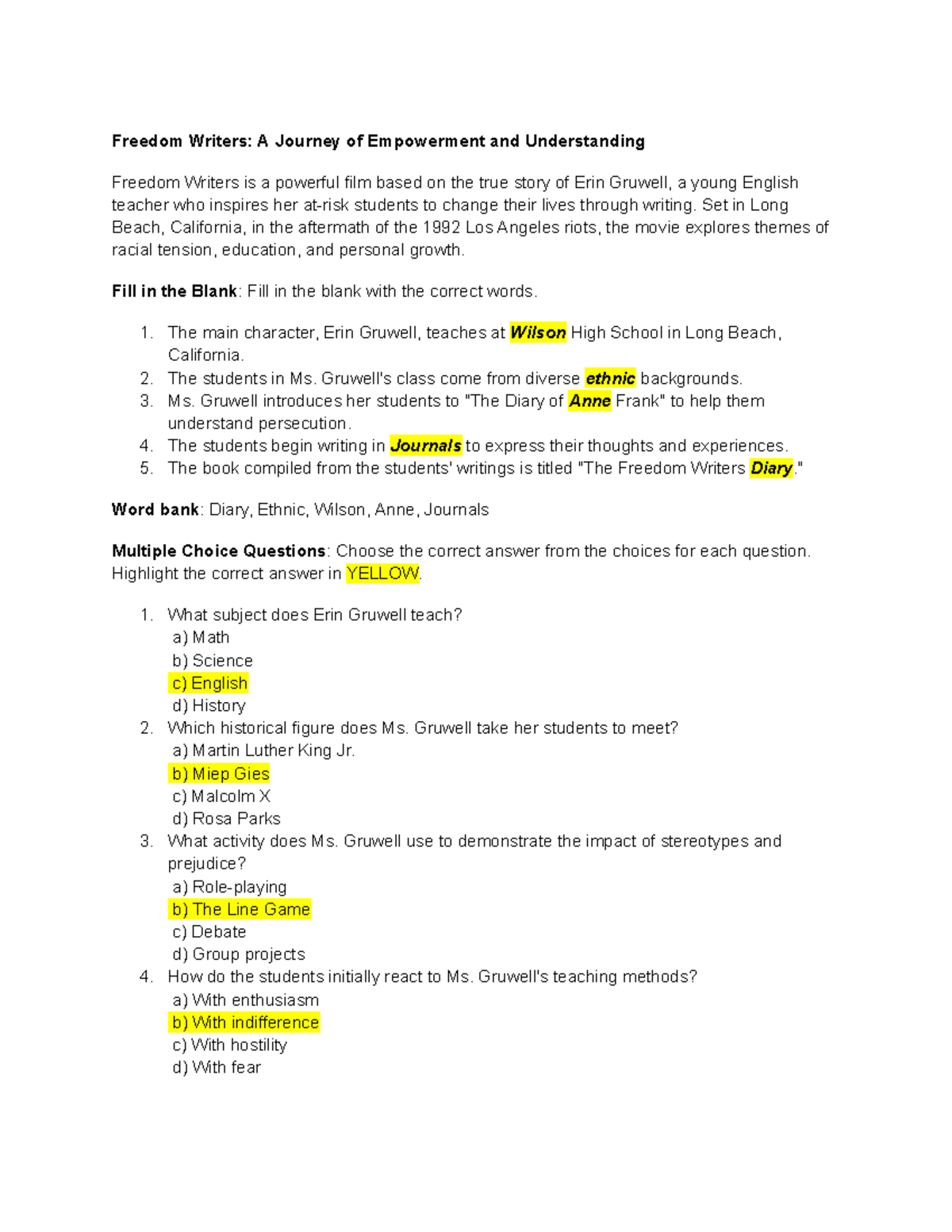 Freedom Writers: Empowerment & Understanding Notes - Studocu