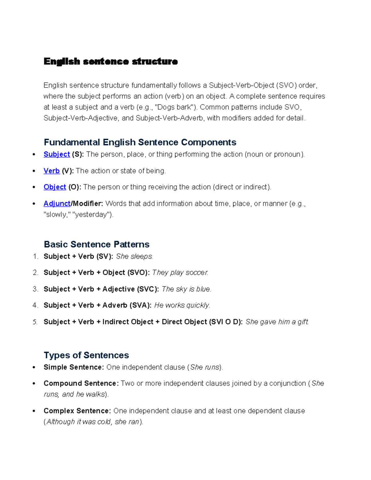 English Sentence Structure: SVO Patterns and Components - Studocu