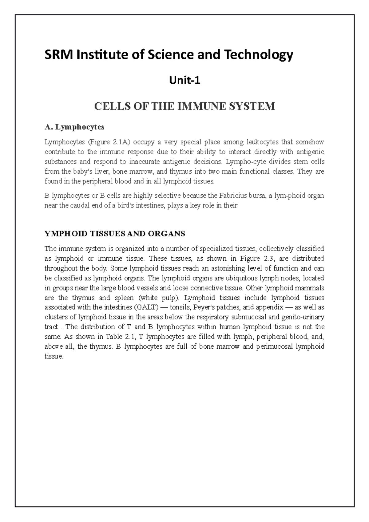 Cells OF THE Immune System - SRM Institute of Science and Technology ...