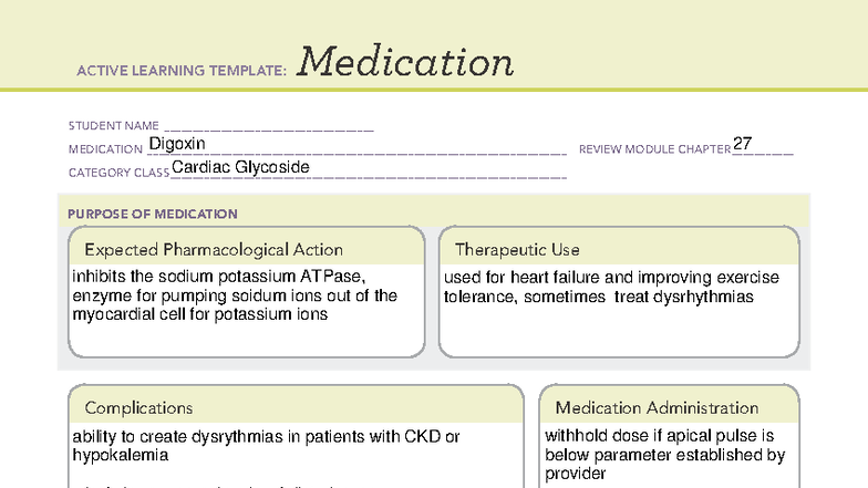 ACTIVE LEARNING TEMPLATE: Digoxin Review Module CH 27 - Cardiac Meds ...