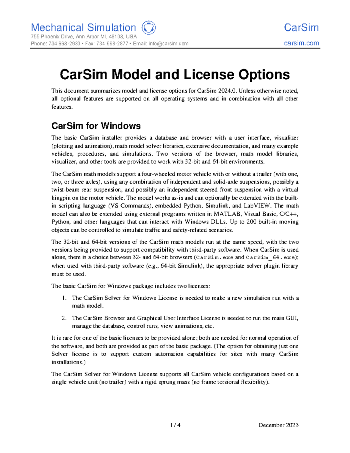 CarSim 2024 Model & License Options Overview - Studocu