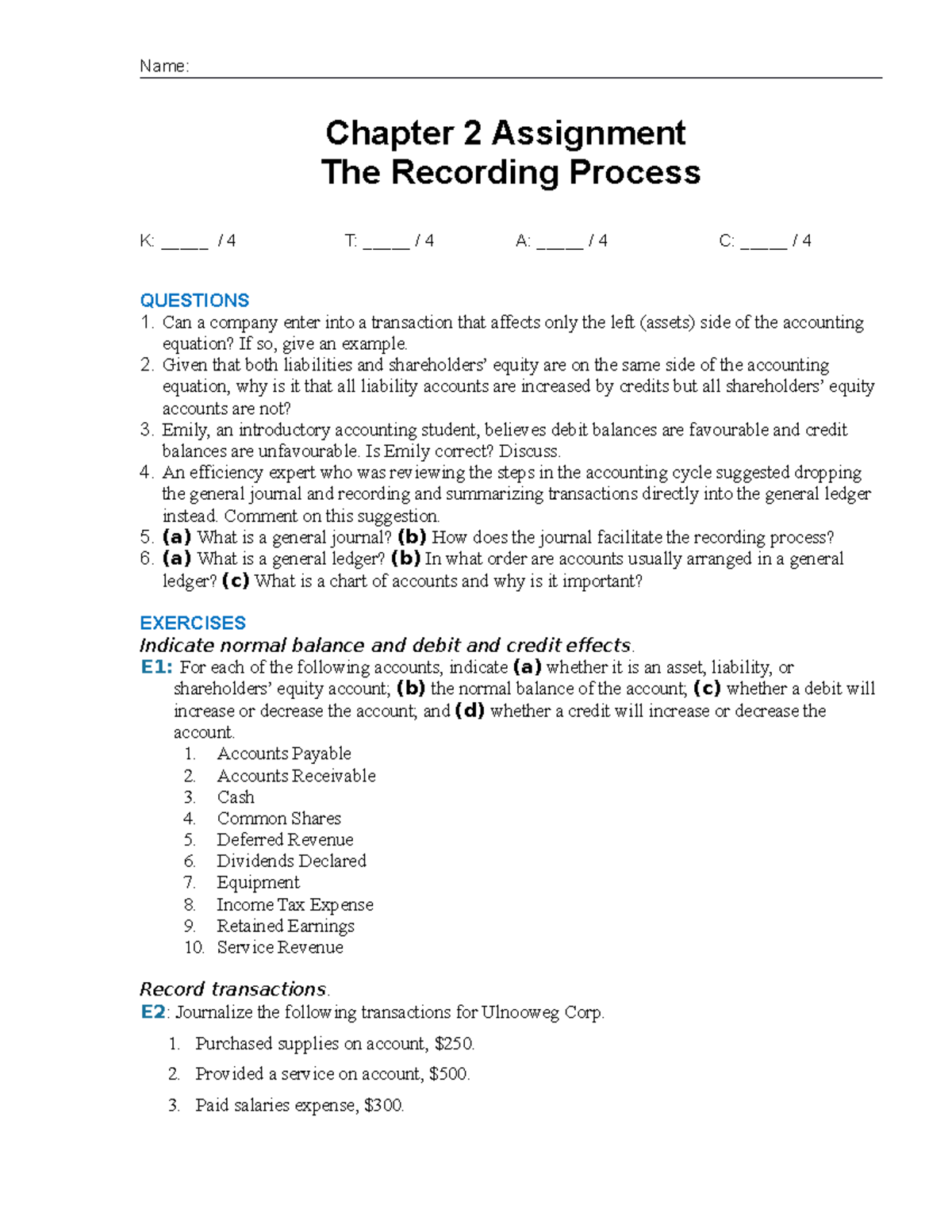 Chapter 2 Assignment: Understanding the Recording Process in Accounting ...