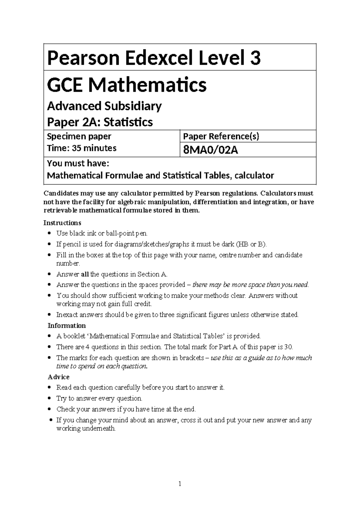 AS Level 3 GCE Mathematics Specimen Paper 2A: Statistics - Studocu