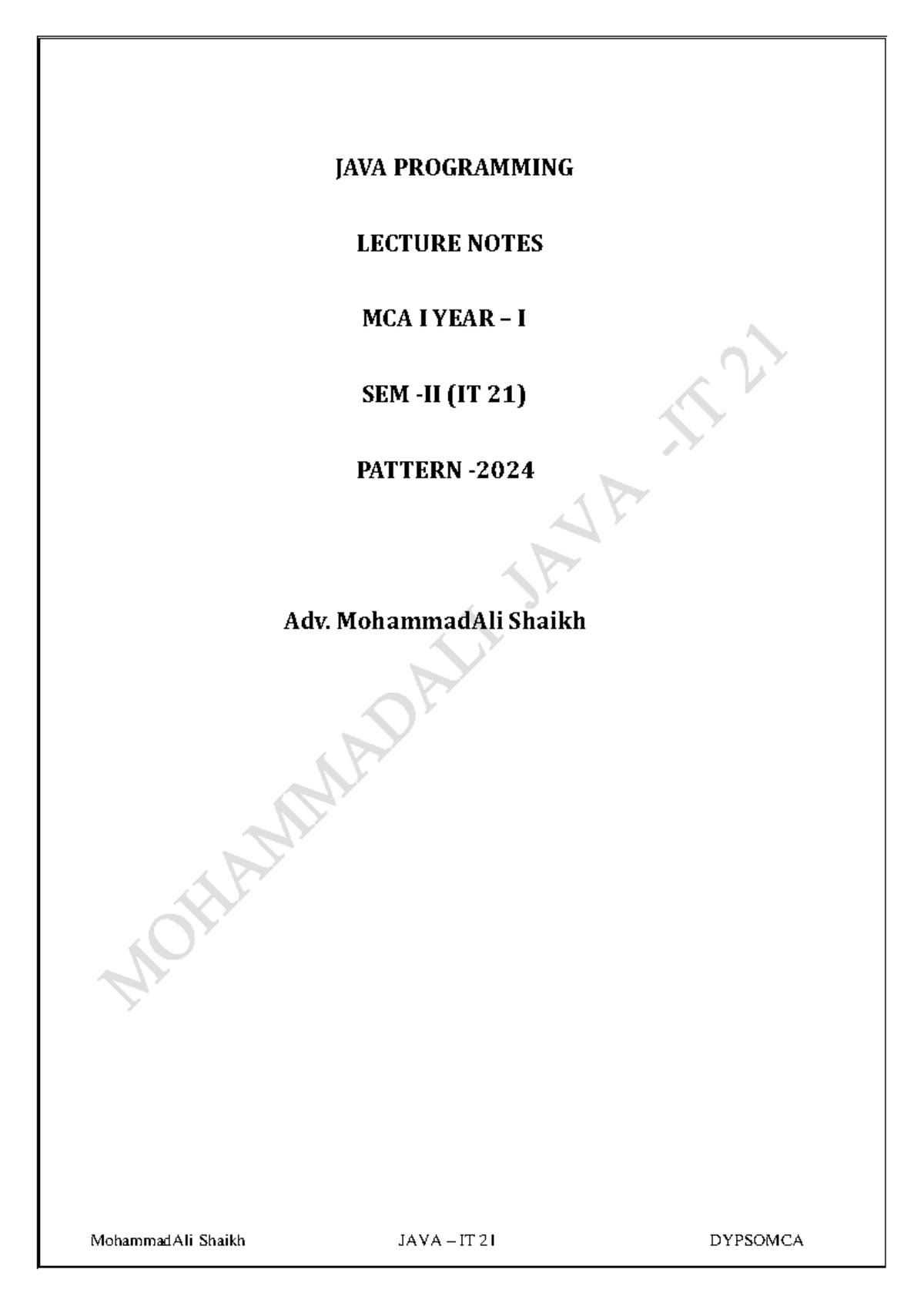 JAVA PROGRAMMING LECTURE NOTES (MCA I YEAR I SEM IT 21) - Studocu