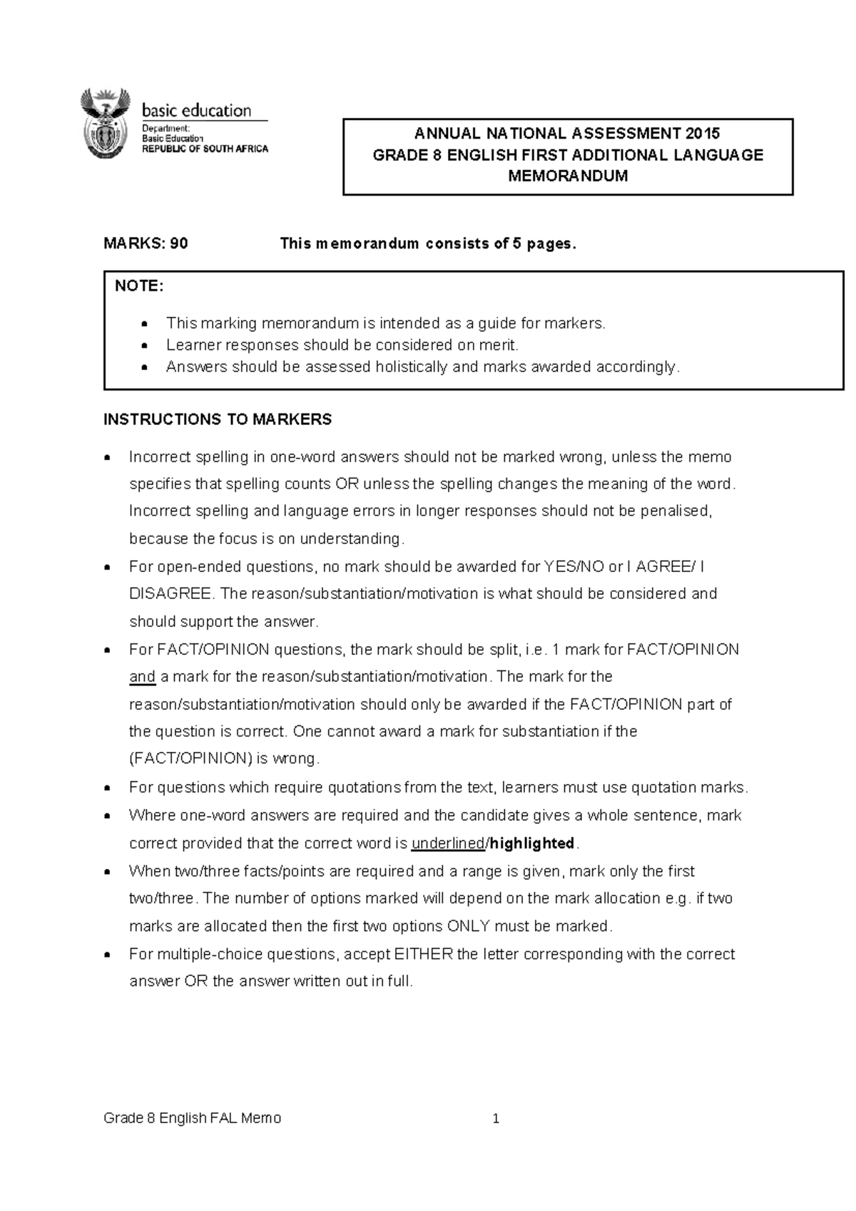 2015 Grade 8 English FAL Marking Memorandum Guide - Studocu