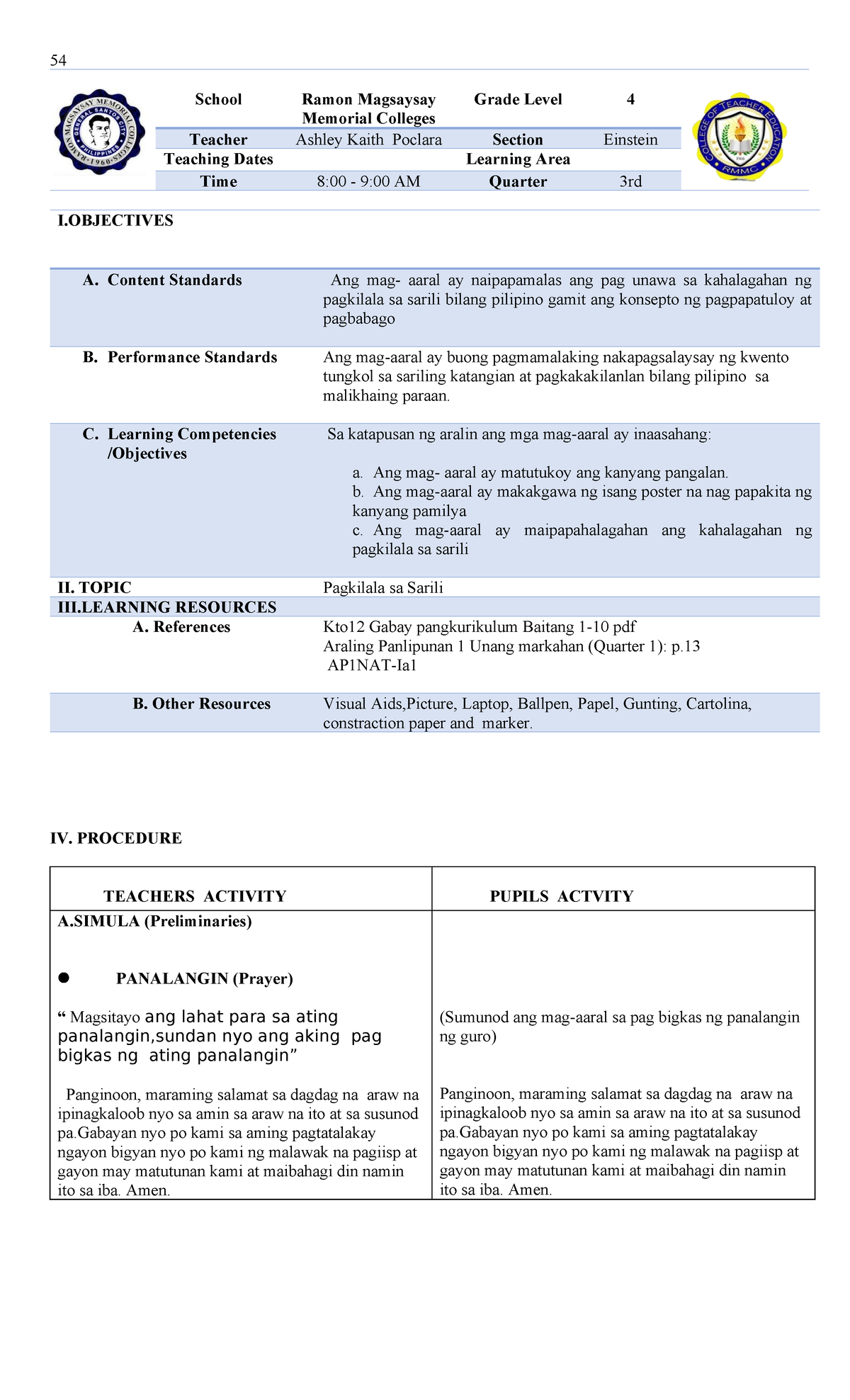 Teaching Strategies for Grade 4: Self-Identity Lesson Plan (ETTL) - Studocu