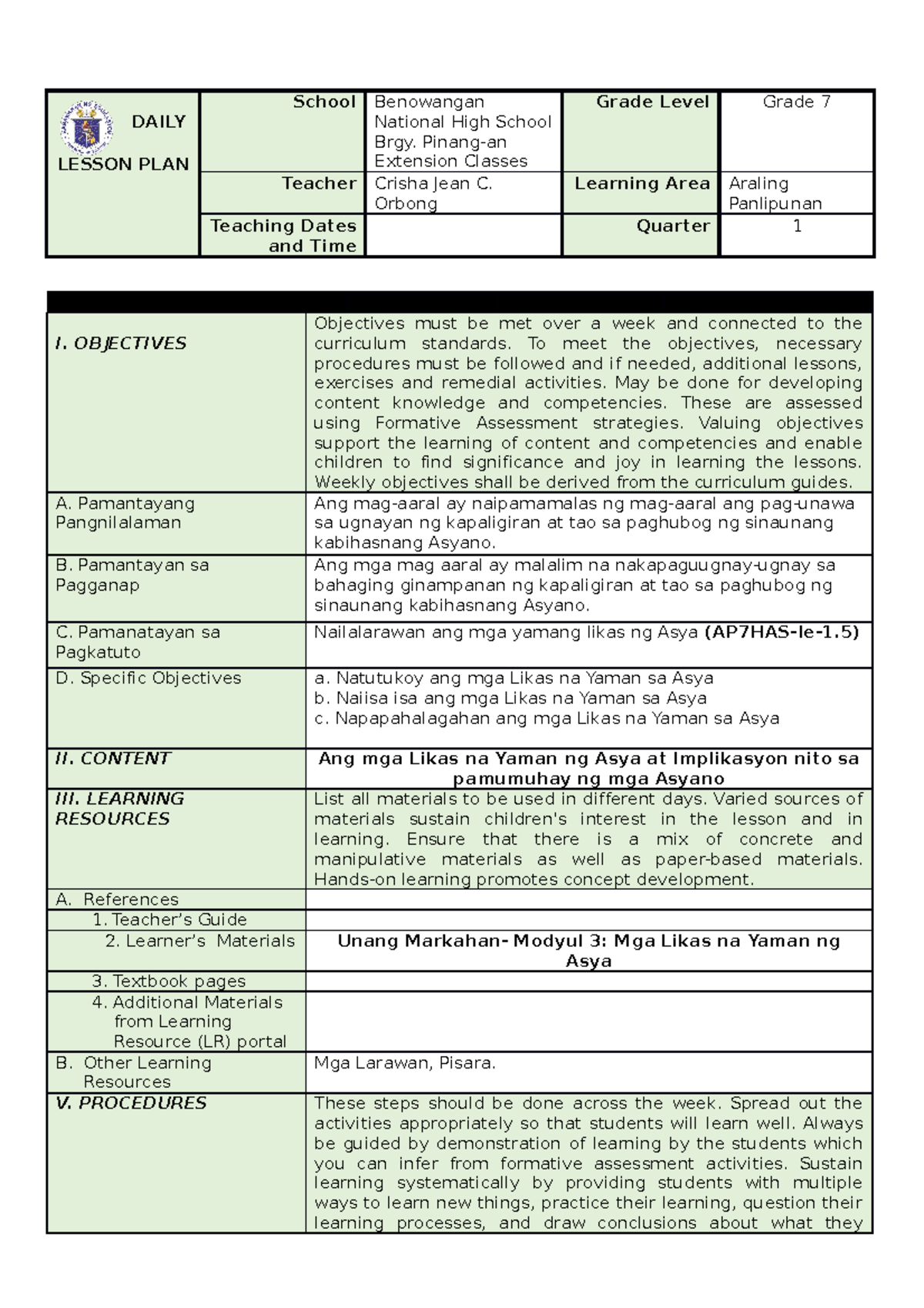 Daily Lesson Plan for Week 2 in Araling Panlipunan (AP) Grade 7 and 8 ...