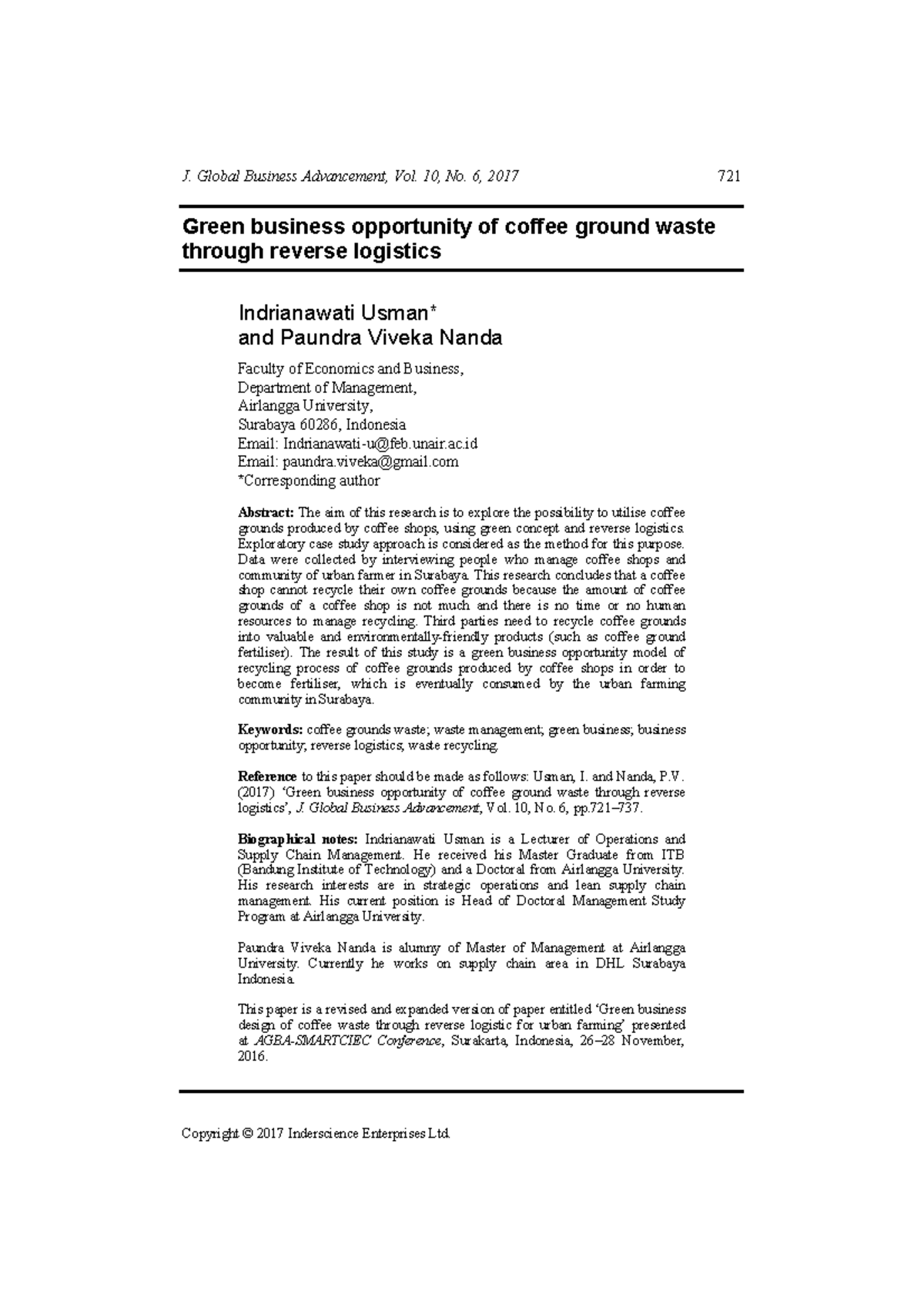 Green Business Opportunities from Coffee Ground Waste via Reverse ...