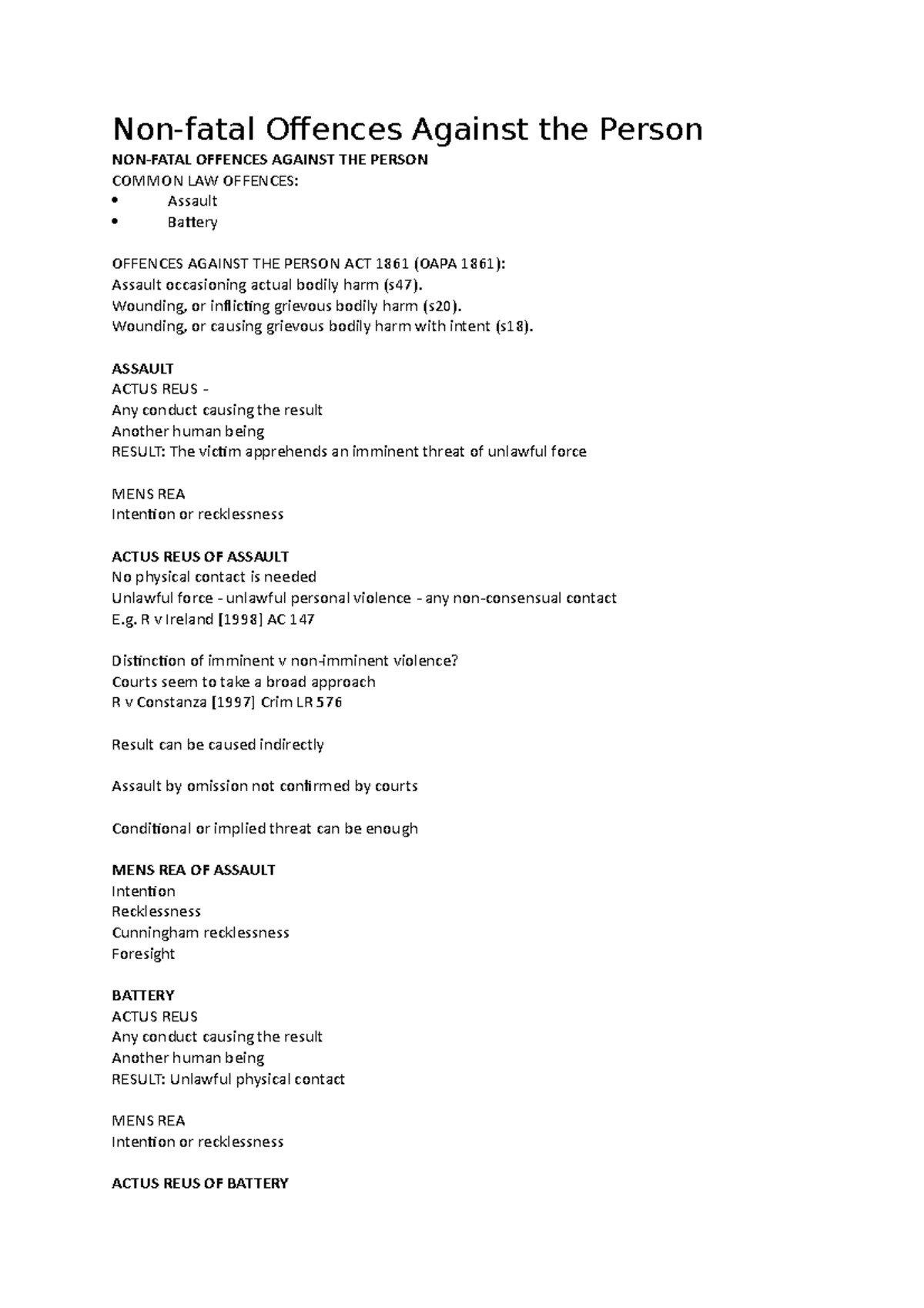 Non-fatal Offences Against the Person Lecture - Non-fatal Offences ...