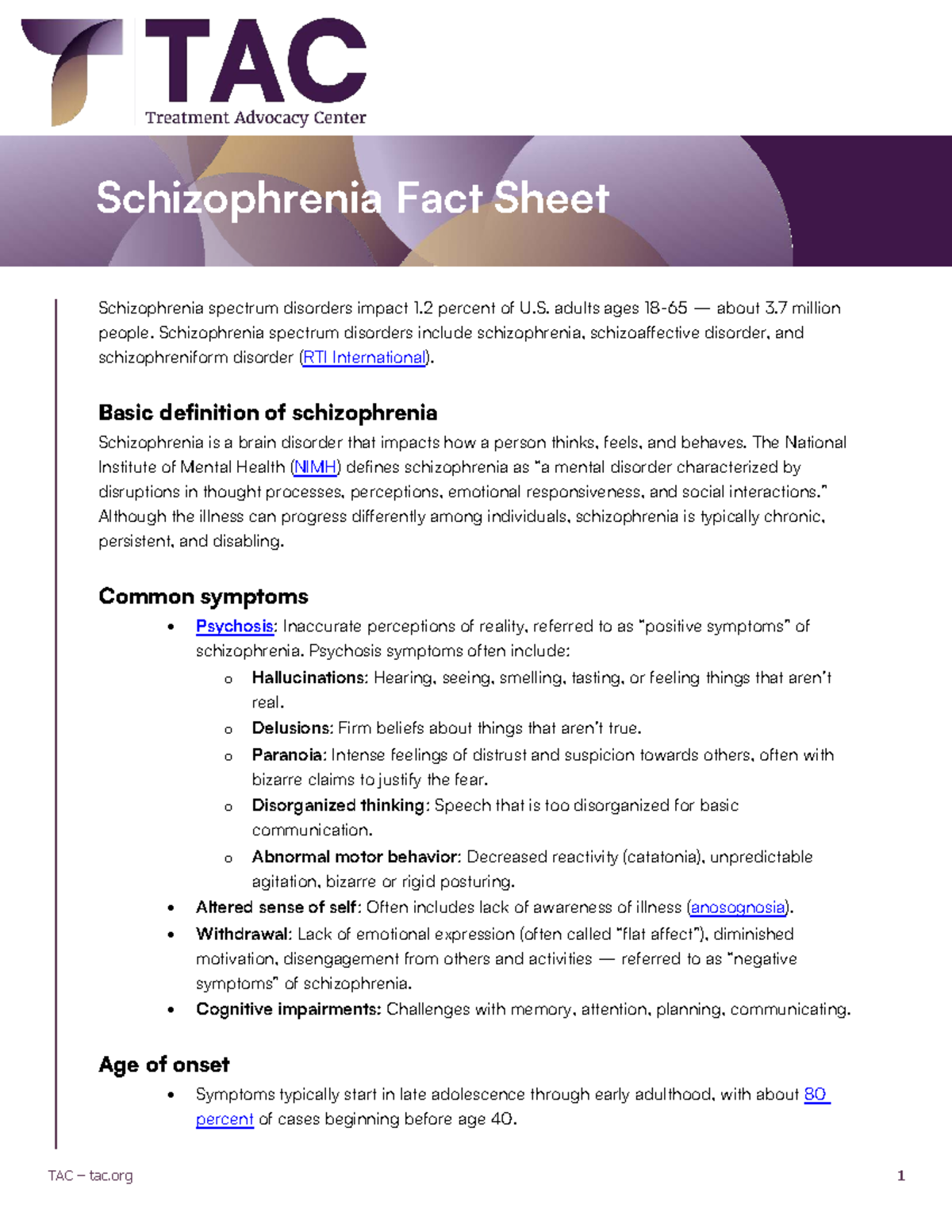 Schizophrenia Fact Sheet: Key Insights and Treatment Options TAC - Studocu