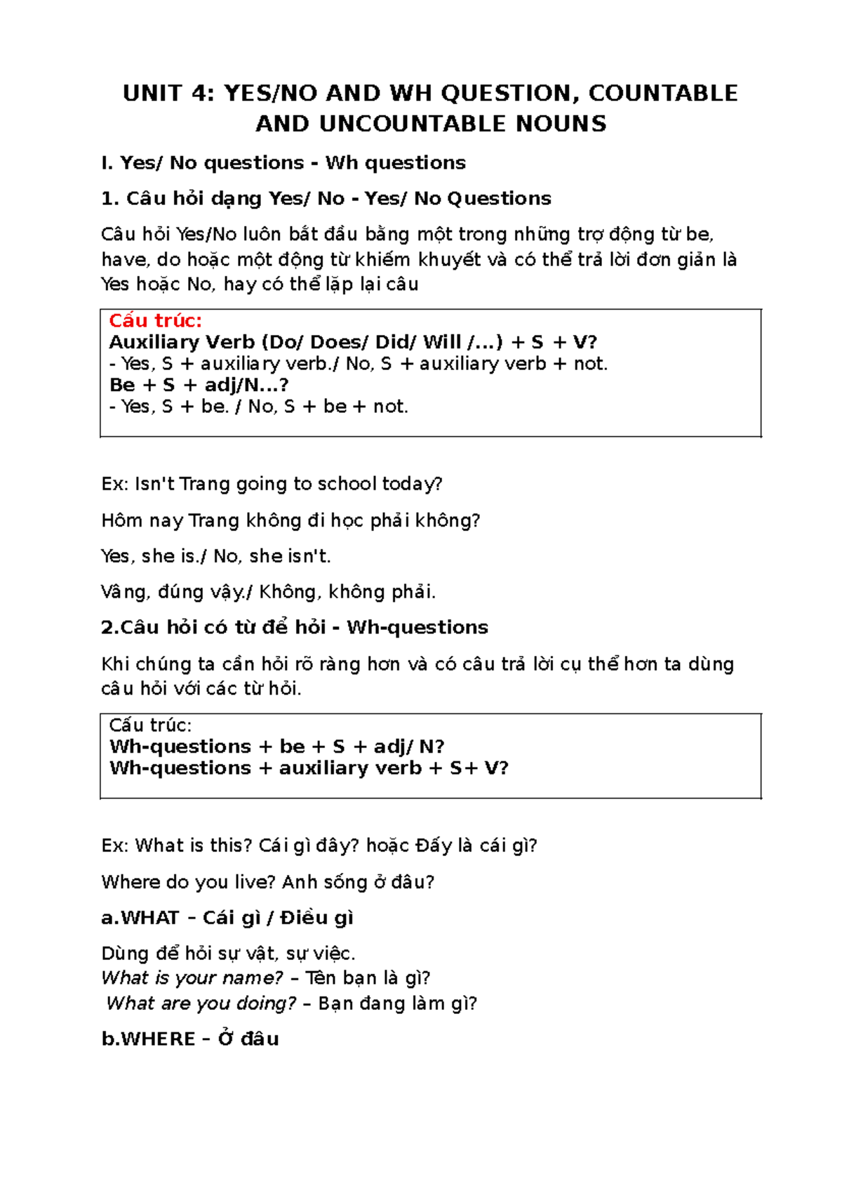 UNIT 4: YES/NO & WH QUESTIONS, COUNTABLE/UNCOUNTABLE NOUNS - Studocu
