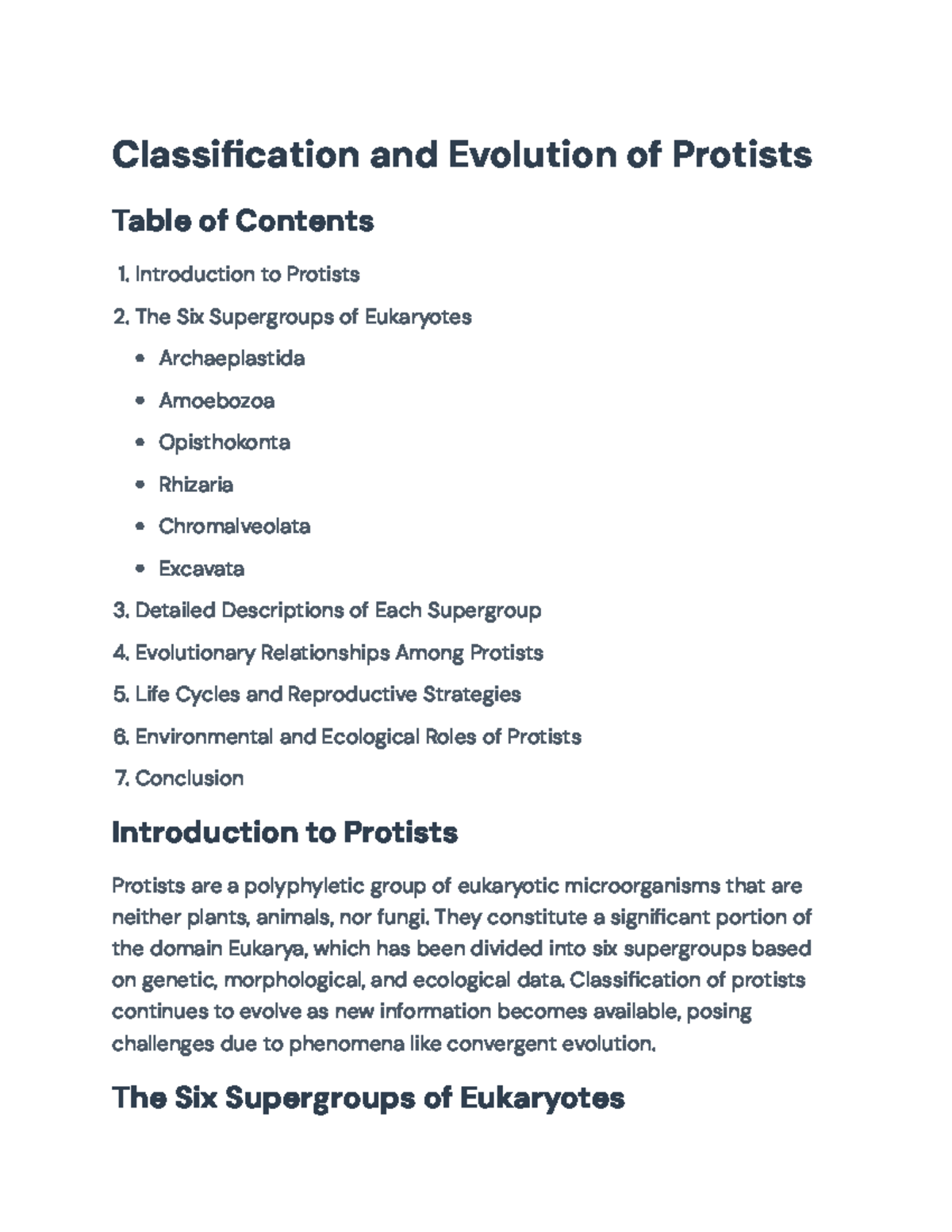 Classification and Evolution of Protists: An Overview of Supergroups ...