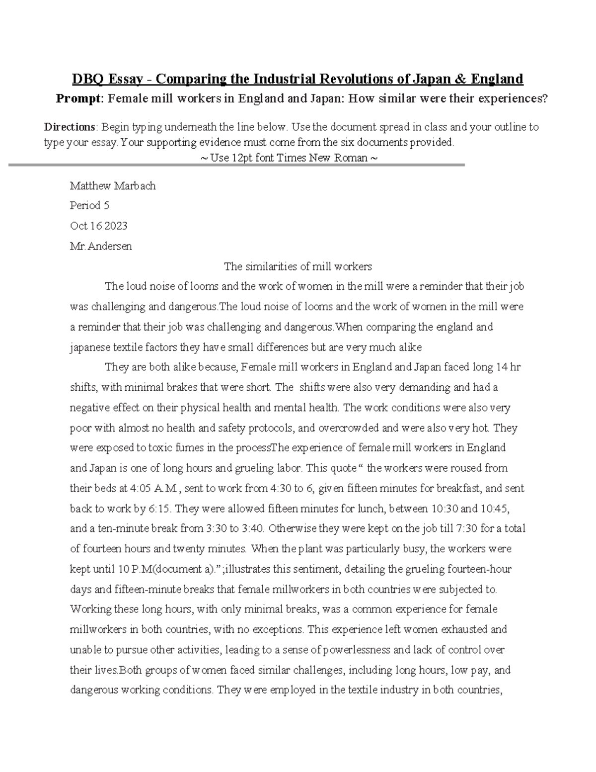Andersen DBQ Essay: Comparing Female Mill Workers in Japan & England ...