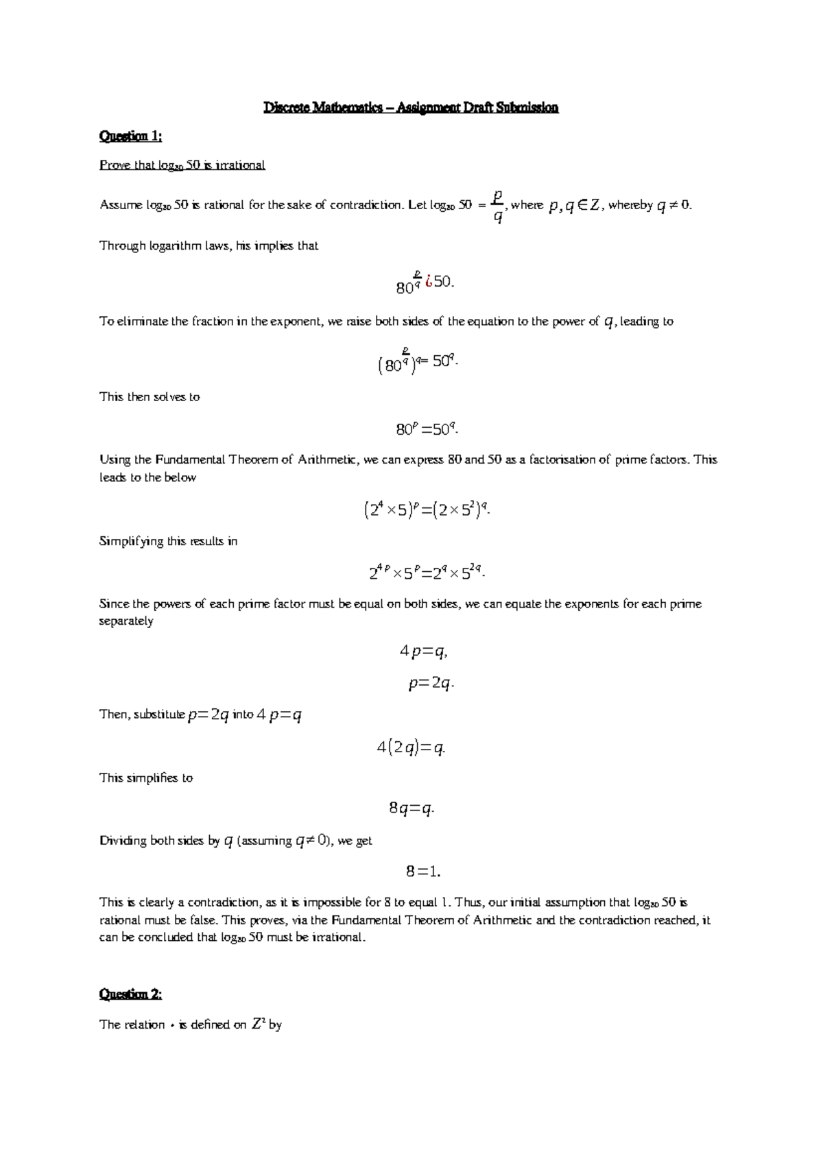 Discrete Mathematics assignment - Discrete Mathematics – Assignment Draft Submission Question 1 ...