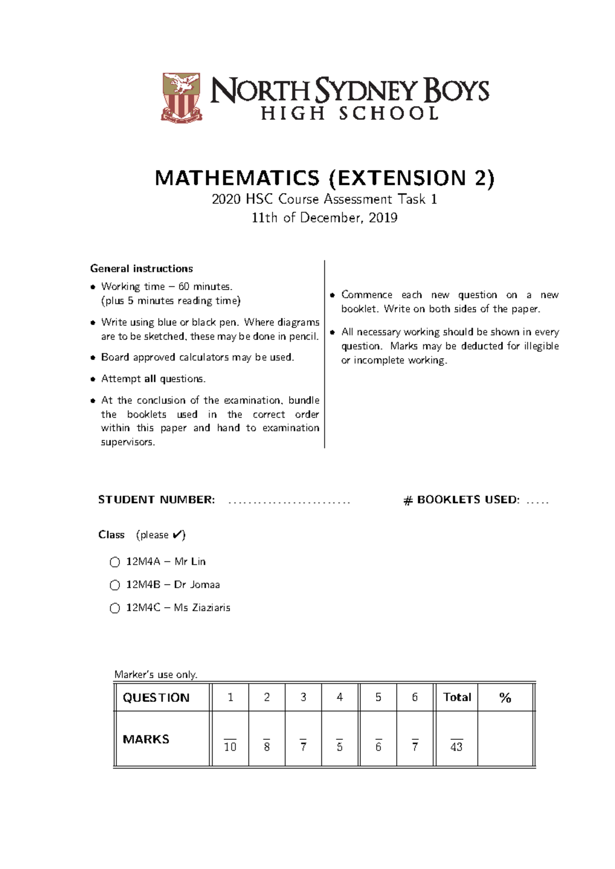 2020 HSC Extension 2 Maths Assessment Task 1 Solutions - Studocu