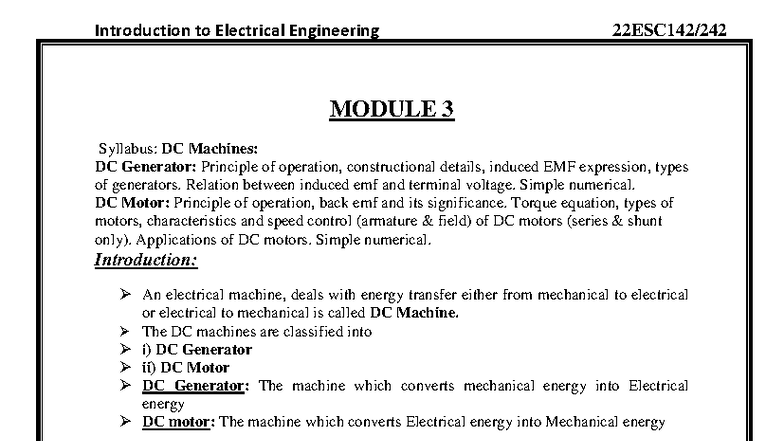 22ESC142 Module 3: Syllabus on DC Machines and Motors - Studocu