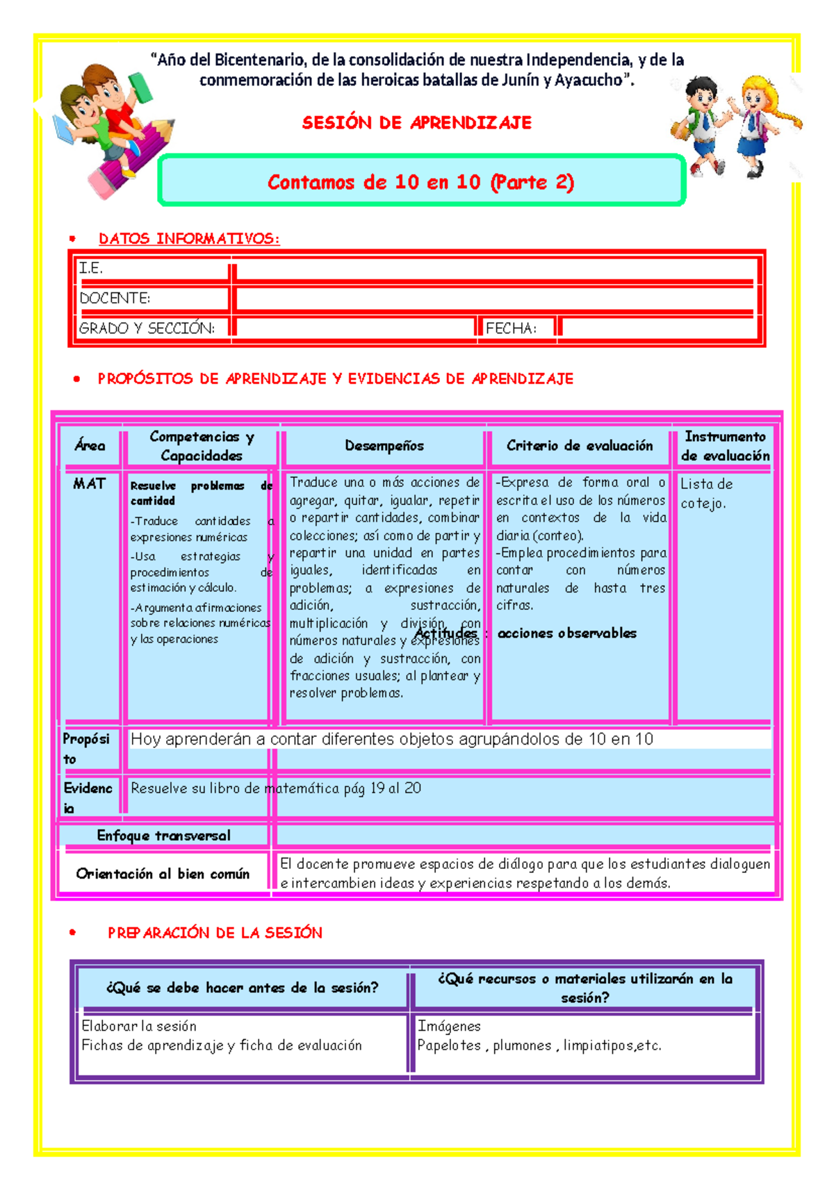 Matemáticas: Contando de 10 en 10 - Sesión de Aprendizaje 2 - Studocu