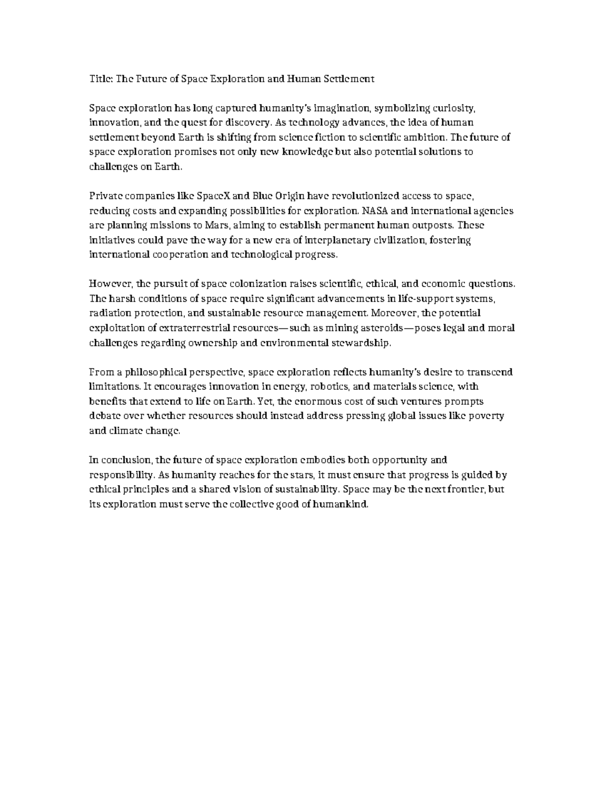 Future of Space Exploration & Human Settlement: Opportunities ...