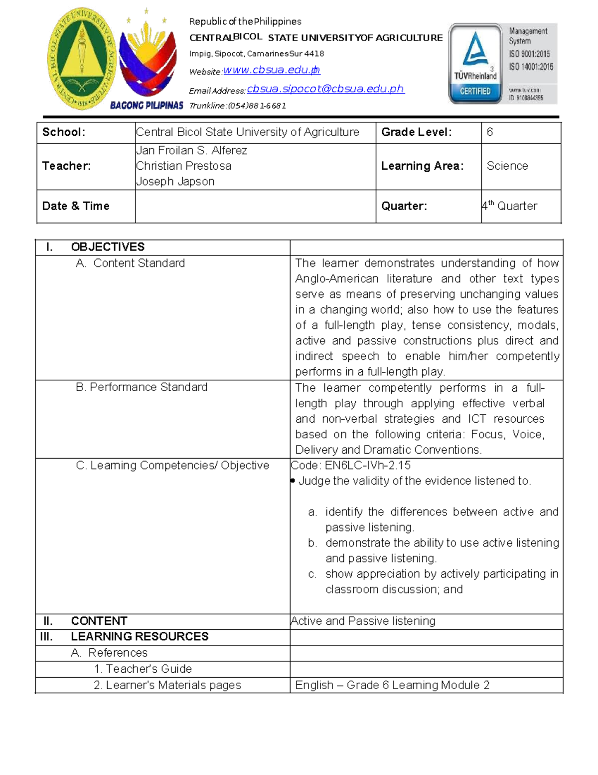 Active and Passive Listening: Detailed Lesson Plan for English 6 - Studocu