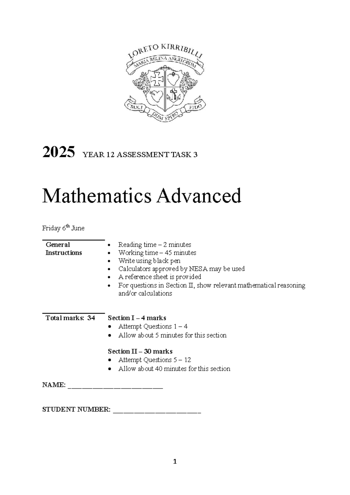 Year 12 Mathematics Advanced Assessment Task 3 - 2025 - Studocu