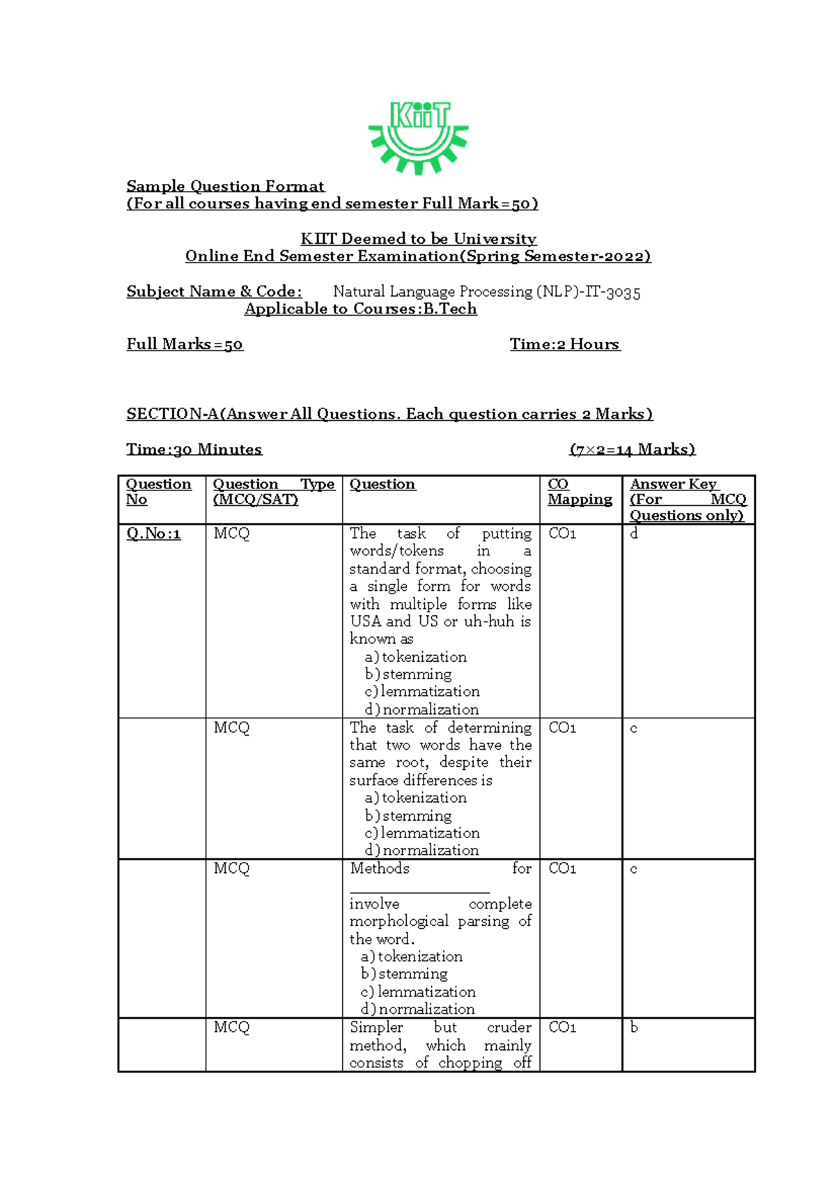 NLP End Sem Paper 2022 - Sample Question Format (For all courses having ...