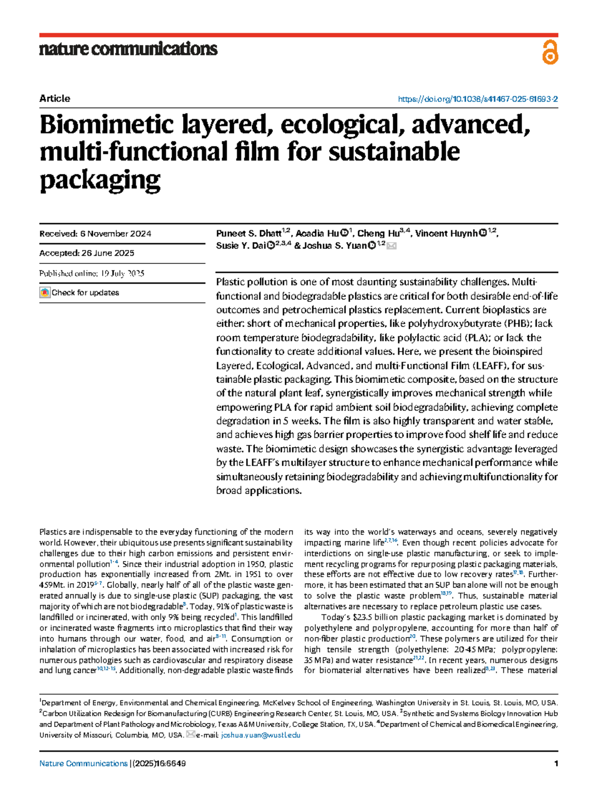 Biomimetic LEAFF Film for Sustainable Packaging: A Novel Approach ...