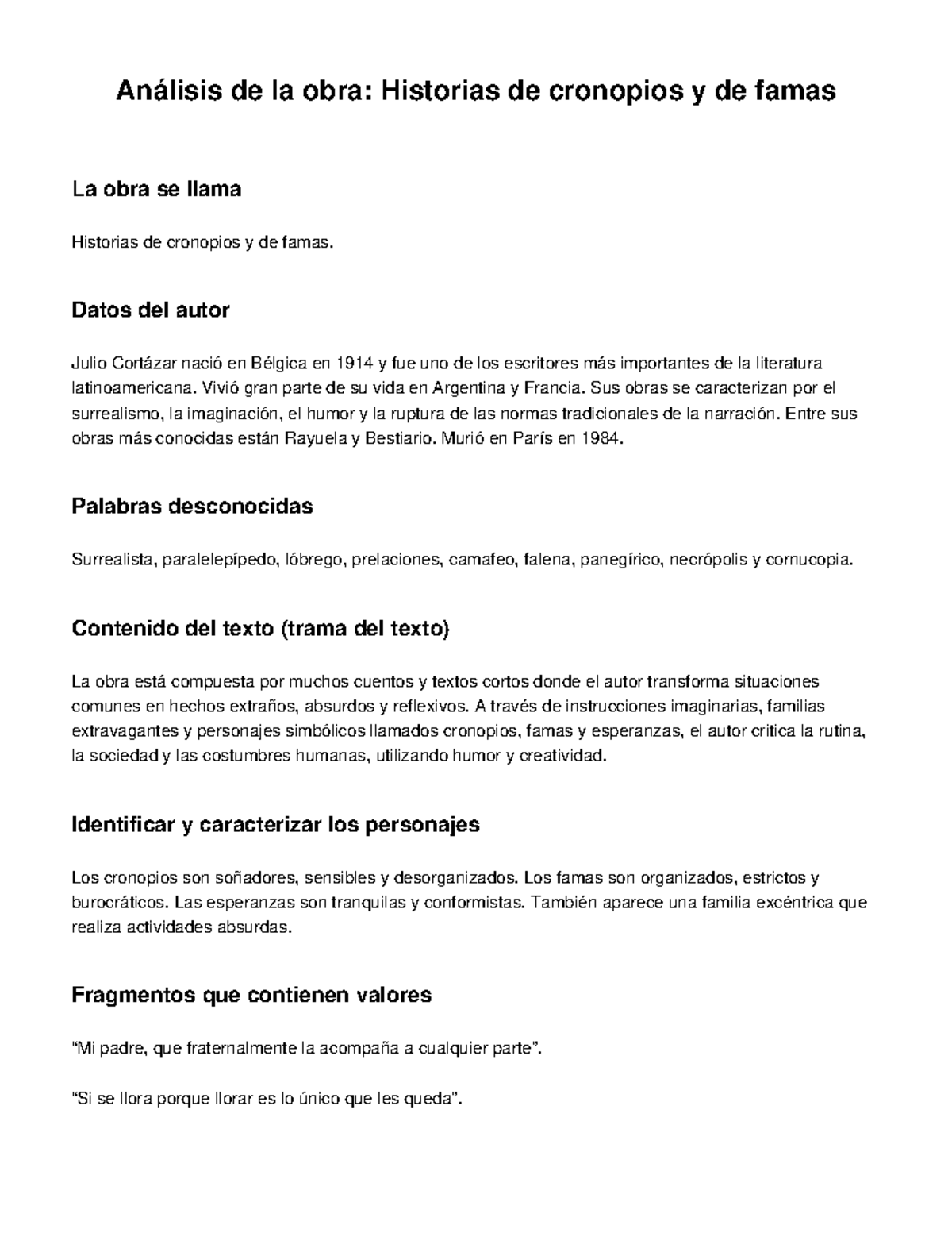 Análisis de "Historias de cronopios y de famas" - Literatura 101 - Studocu