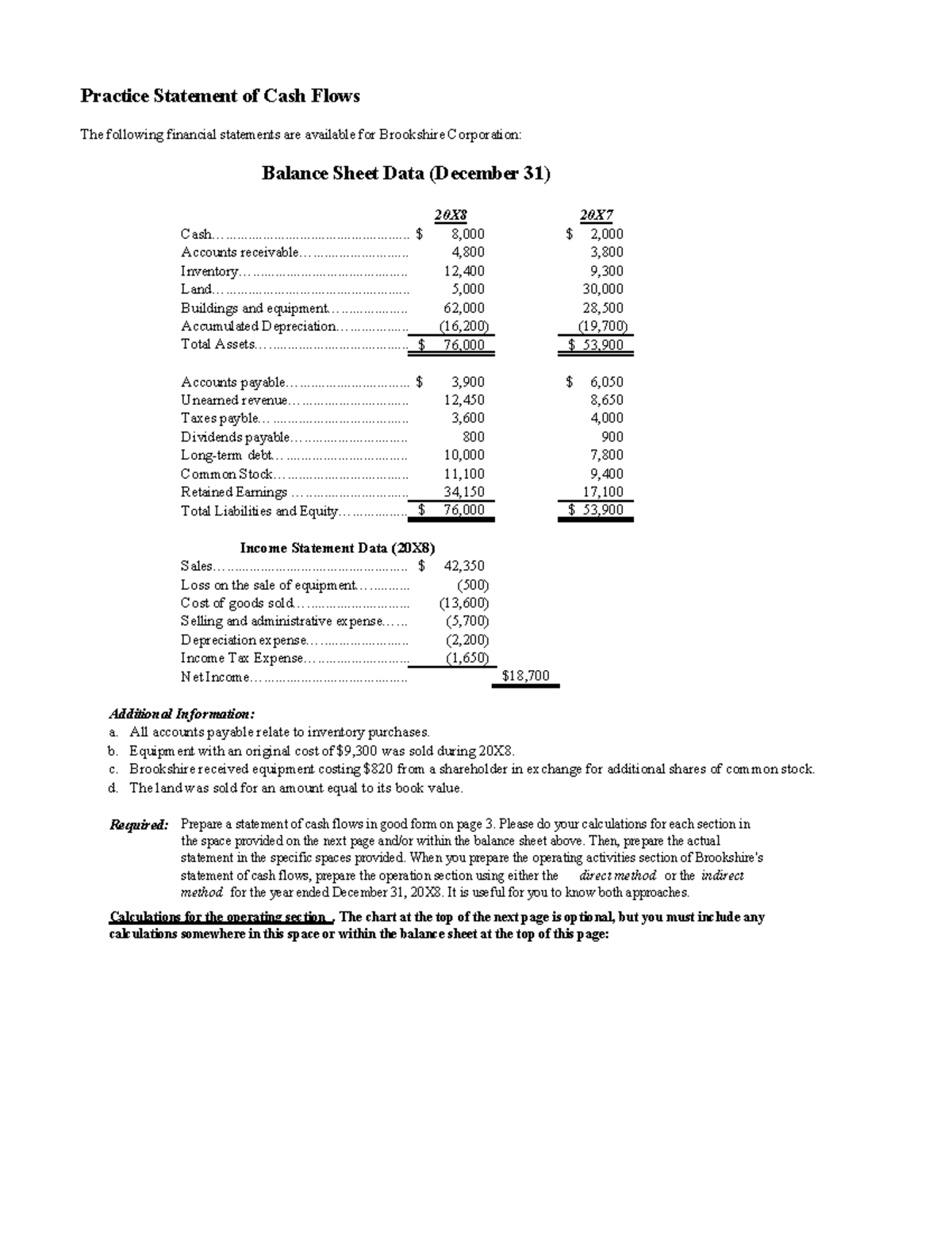 Exam 1 Practice: Statement of Cash Flows for Brookshire Corp - Studocu