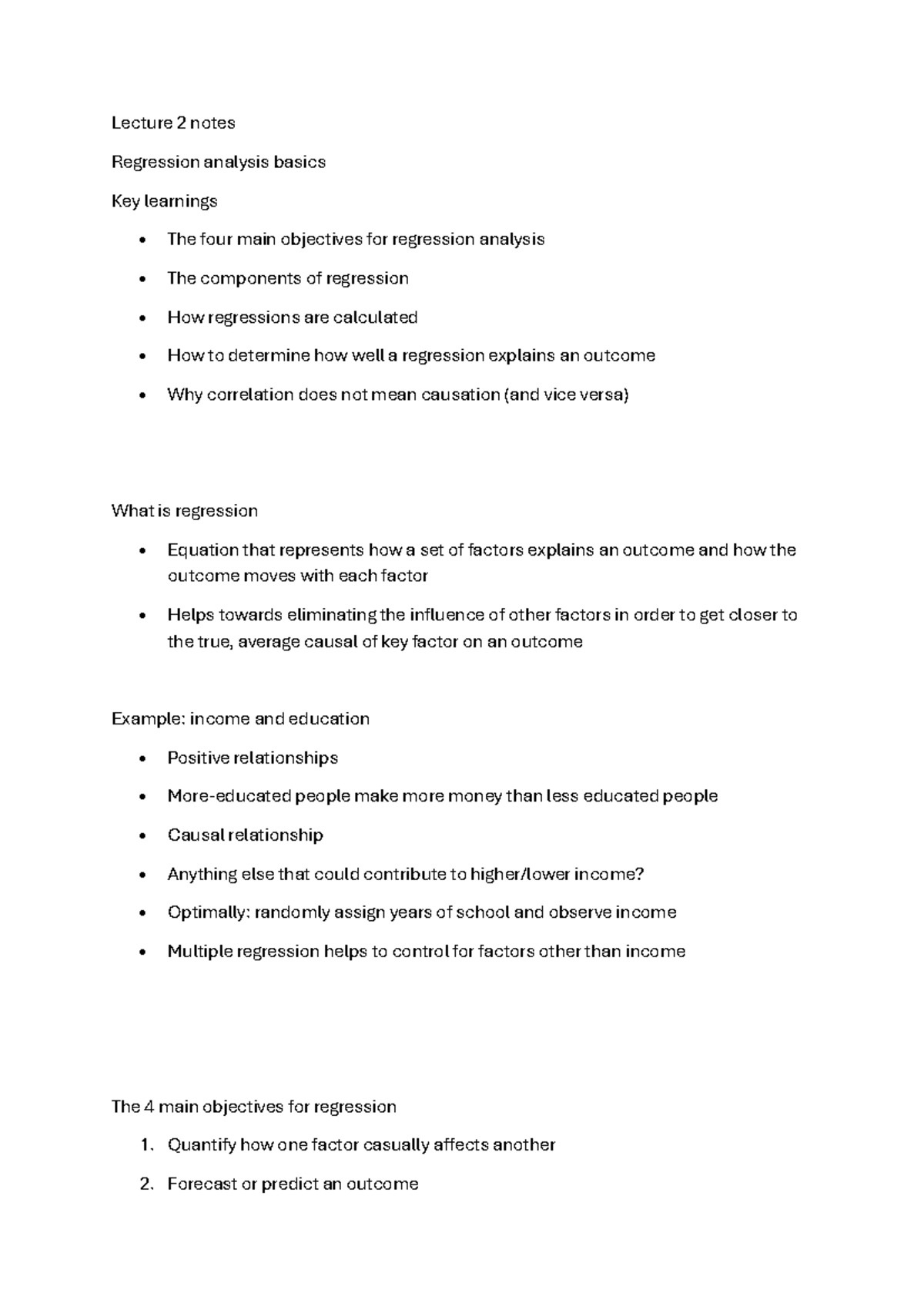 Lecture 2 Notes: Basics of Regression Analysis and Key Objectives - Studocu