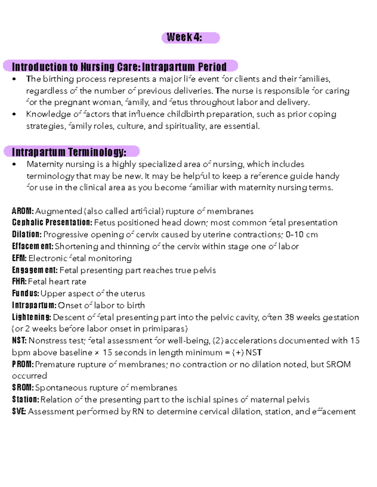 NR327 Week 4: Intrapartum Nursing Care and Childbirth Preparation Notes ...