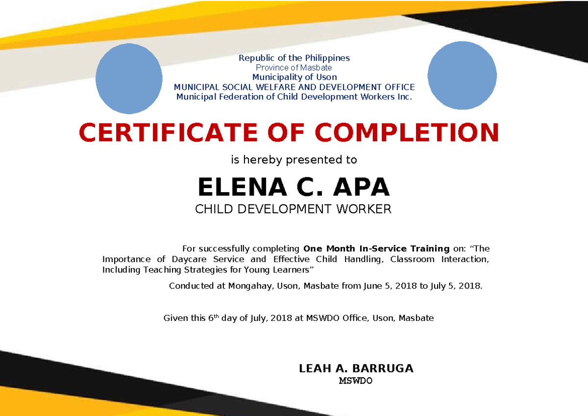 Ojt certificate - OJT - Republic of the Philippines Province of Masbate ...