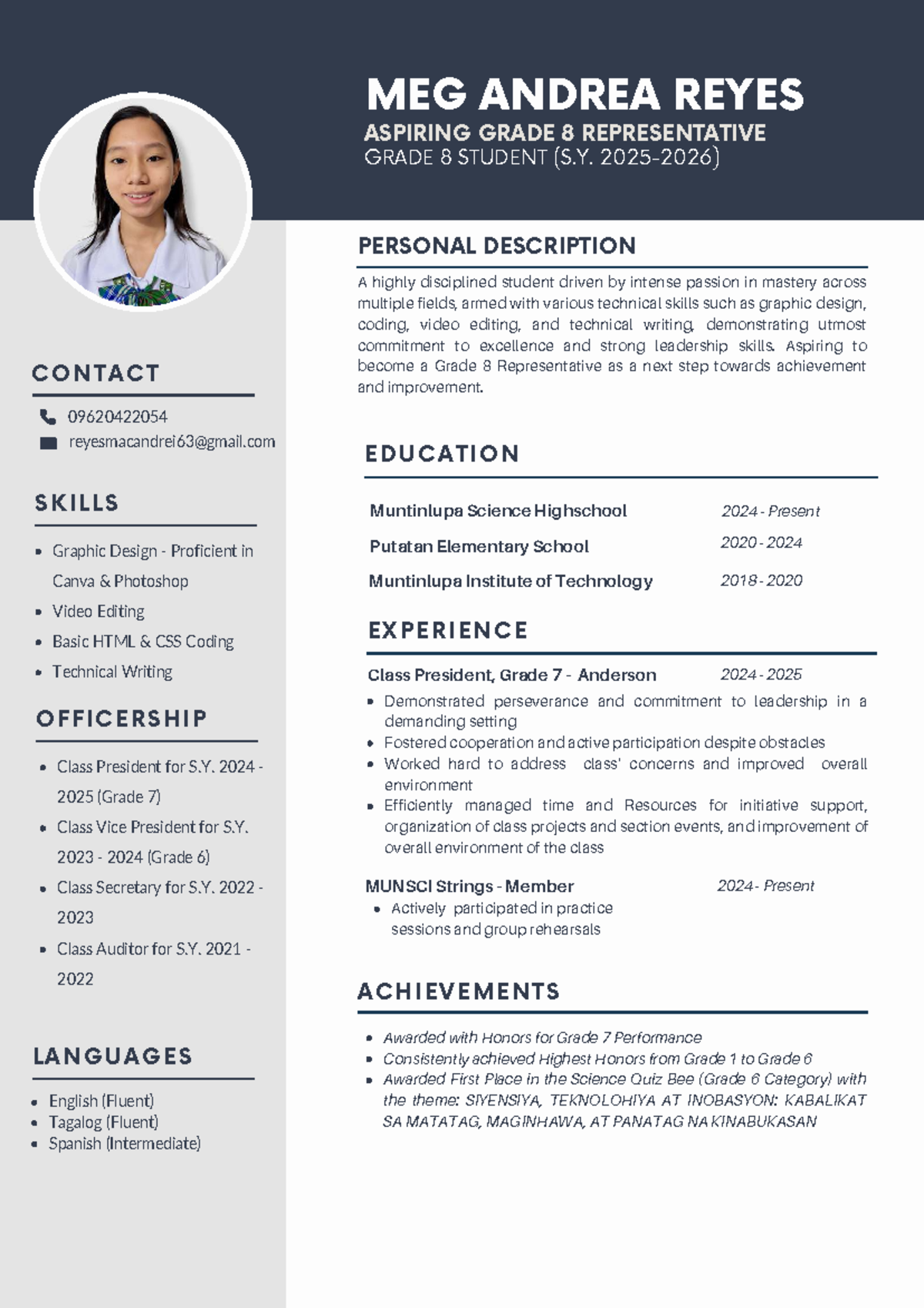 Reyes, Meg Andrea - Grade 8 Representative CV (S.Y. 2024-2025) - Studocu