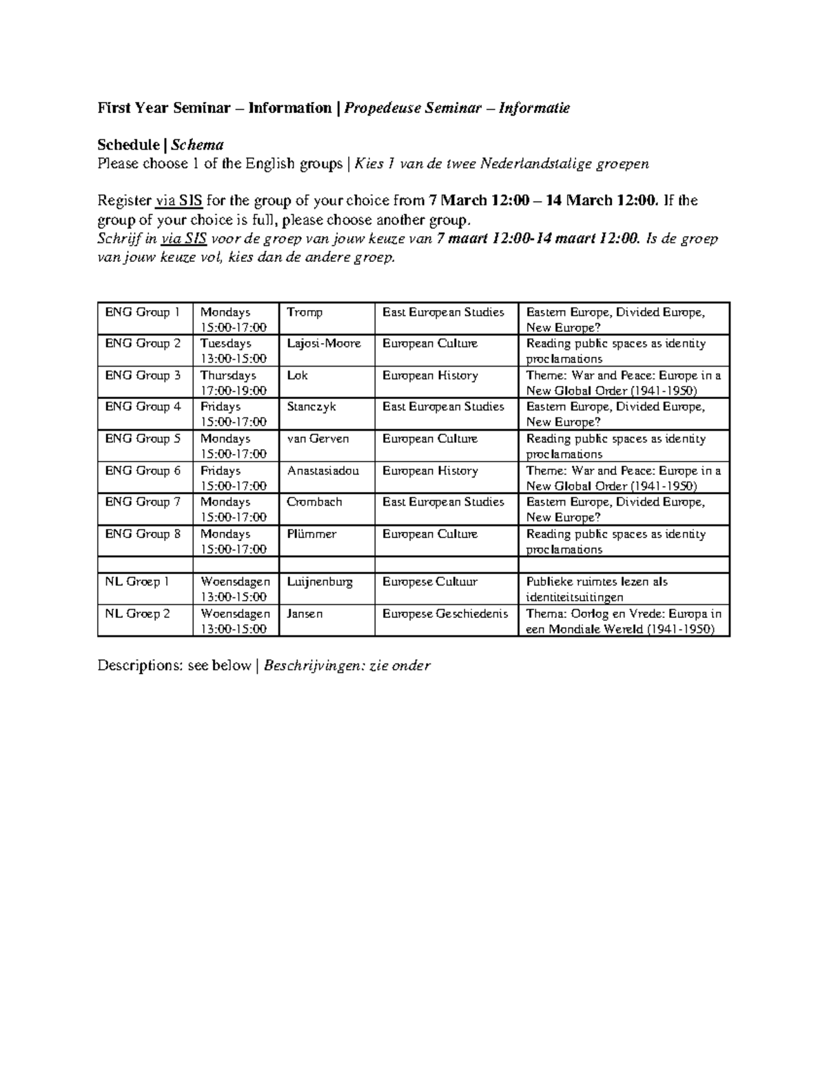 First Year Seminar - Propedeuse Seminar Info & Group Registration ...