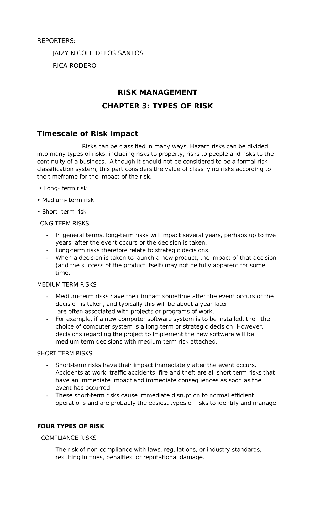 RM 101: Chapter 3 - Types of Risks and Their Impact - Studocu
