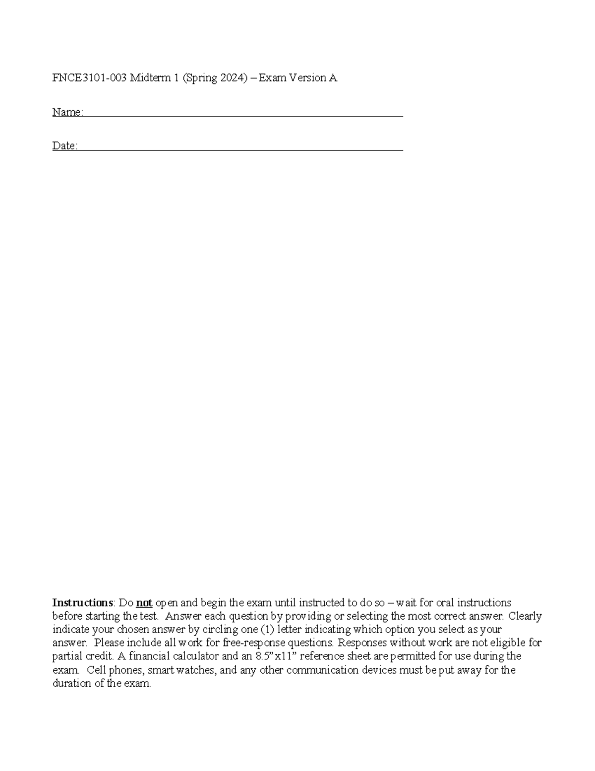 Midterm 2 Spring 2024 Answerkey explanations - FNCE3101-003 Midterm 1 (Spring 2024) – Exam ...