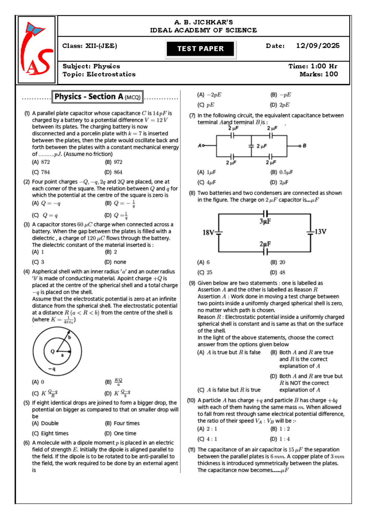 31 Physics -(12th-JEE) Electrostatics (full syllabus) Test (12 - class ...