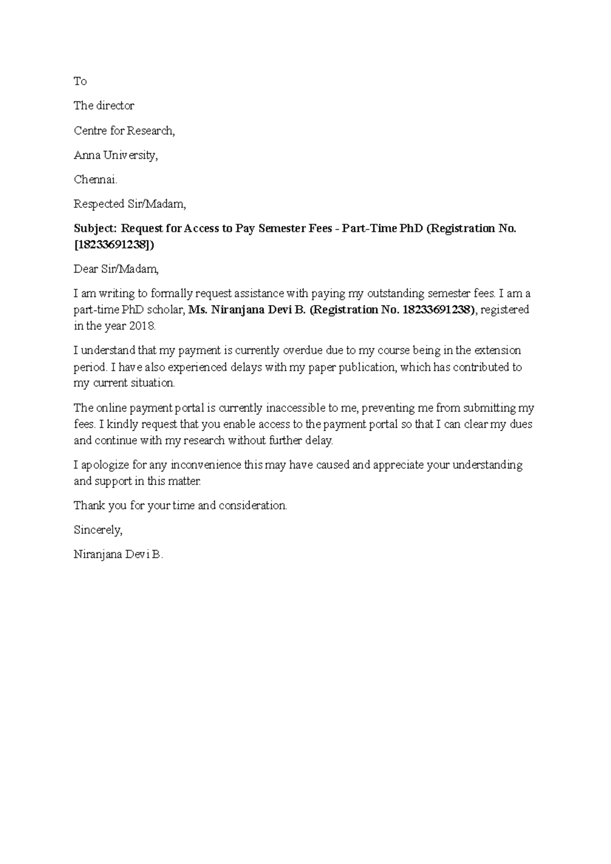Request for Access to Pay Semester Fees - PhD Registration No ...