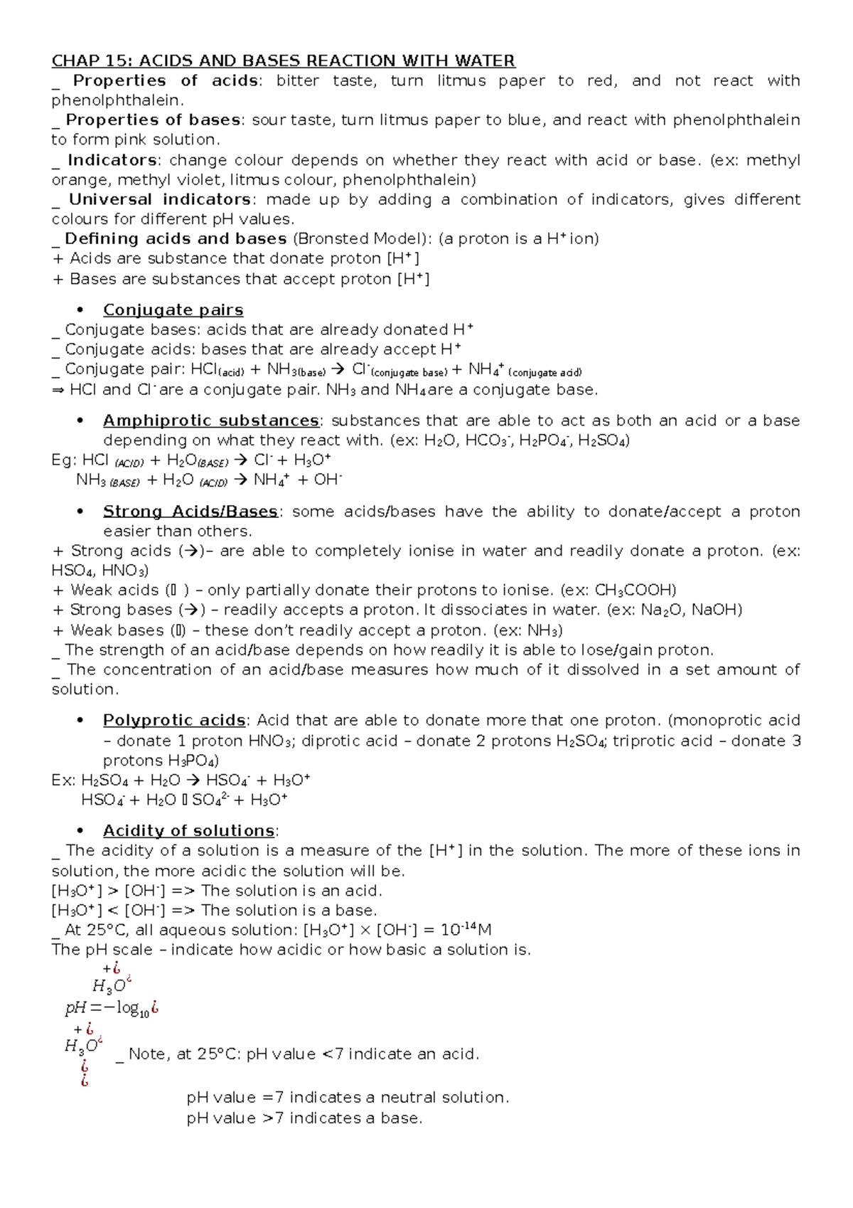 NOTE ON CHEMISTRY: ACIDS & BASES REACTIONS - YEAR 11 - Studocu