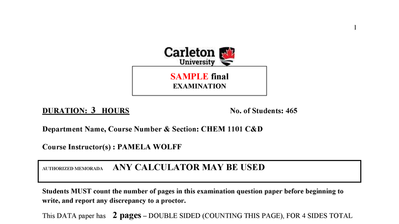CHEM 1101 Final Exam Sample Questions and Answers - Studocu